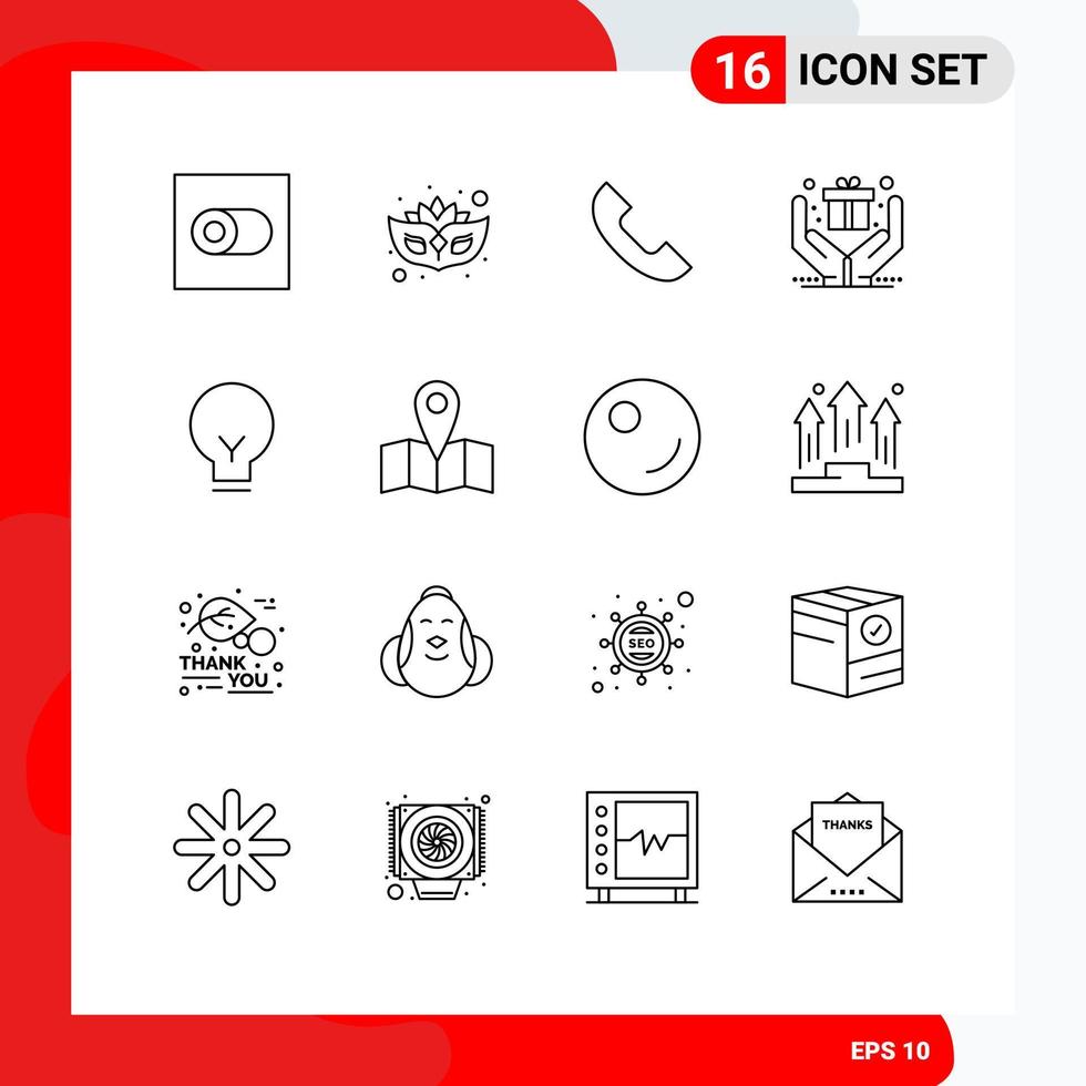 Set of 16 Modern UI Icons Symbols Signs for location basic telephone bulb present Editable ...