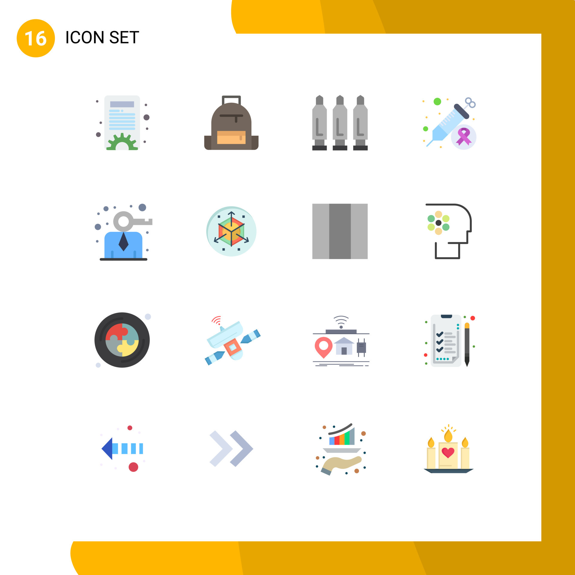 Editable Vector Line Pack Of 16 Simple Flat Colors Of Key Injection Bullet Health Cancer