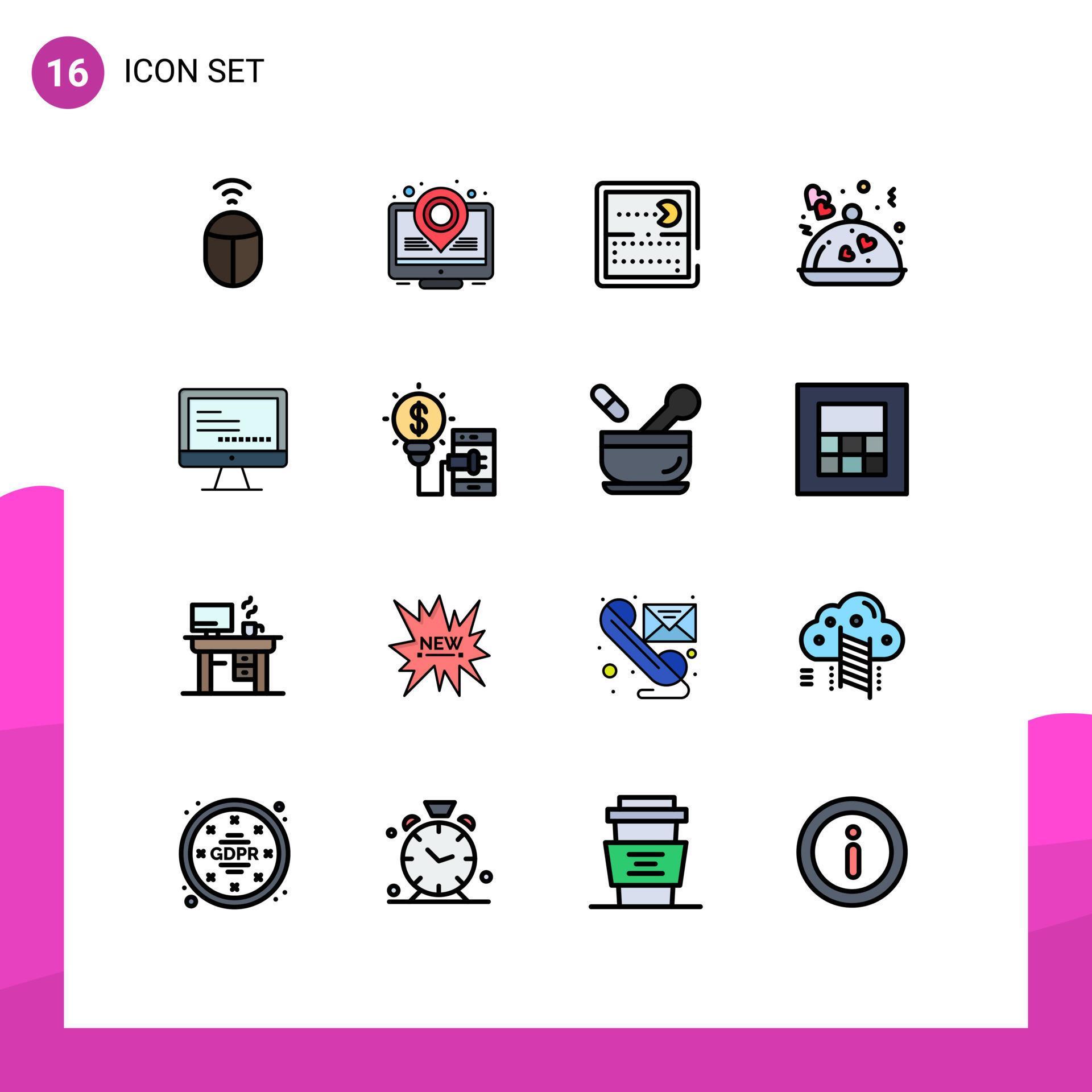 User Interface Pack Of 16 Basic Flat Color Filled Lines Of Education Monitore Pacman Computer