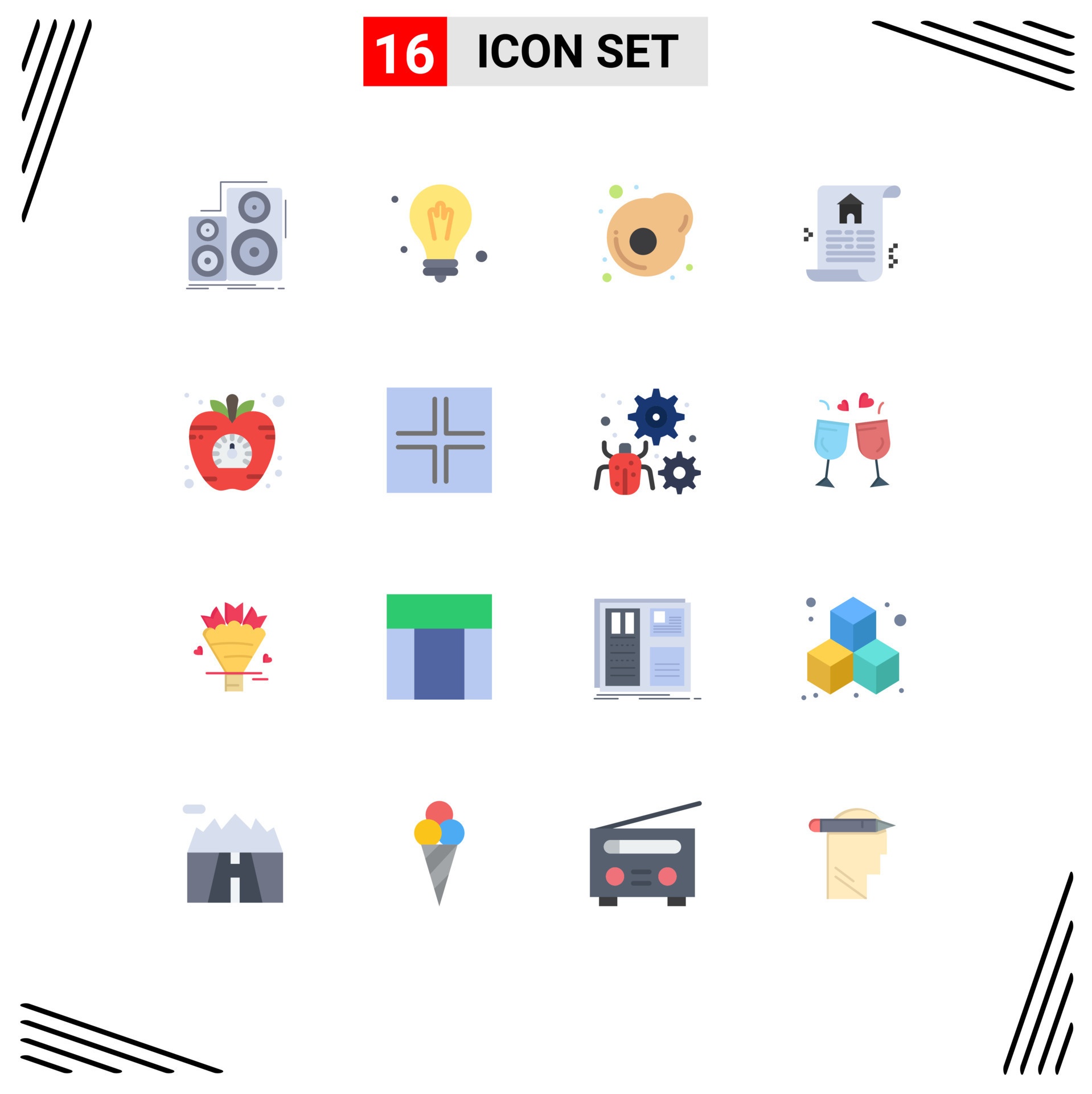 16 User Interface Flat Color Pack Of Modern Signs And Symbols Of Vegetable Diet Breakfast Apple