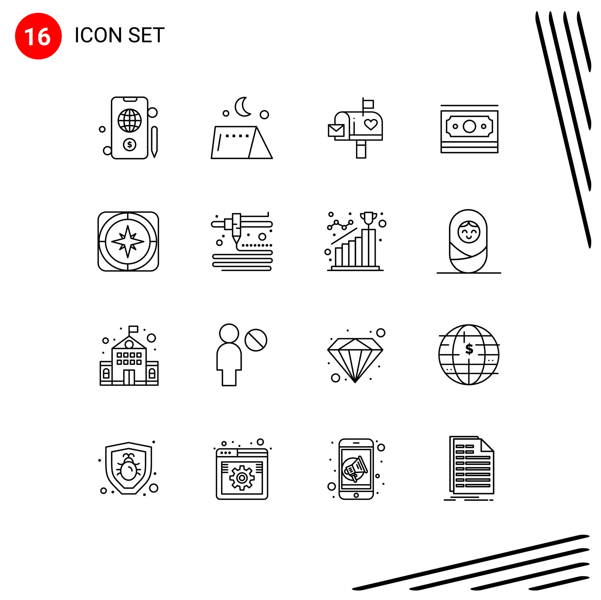 Modern Set Of 16 Outlines Pictograph Of Compass Motivation Mail Money Cash Editable Vector