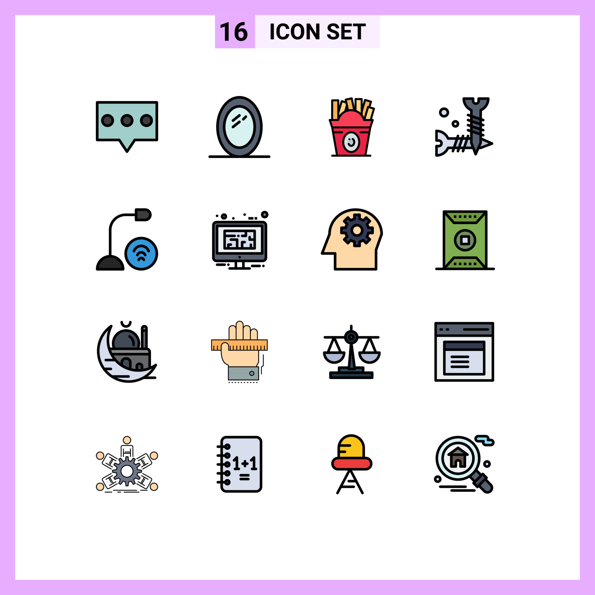 Pictogram Set Of 16 Simple Flat Color Filled Lines Of Hardware Devices Food Computers Hardware