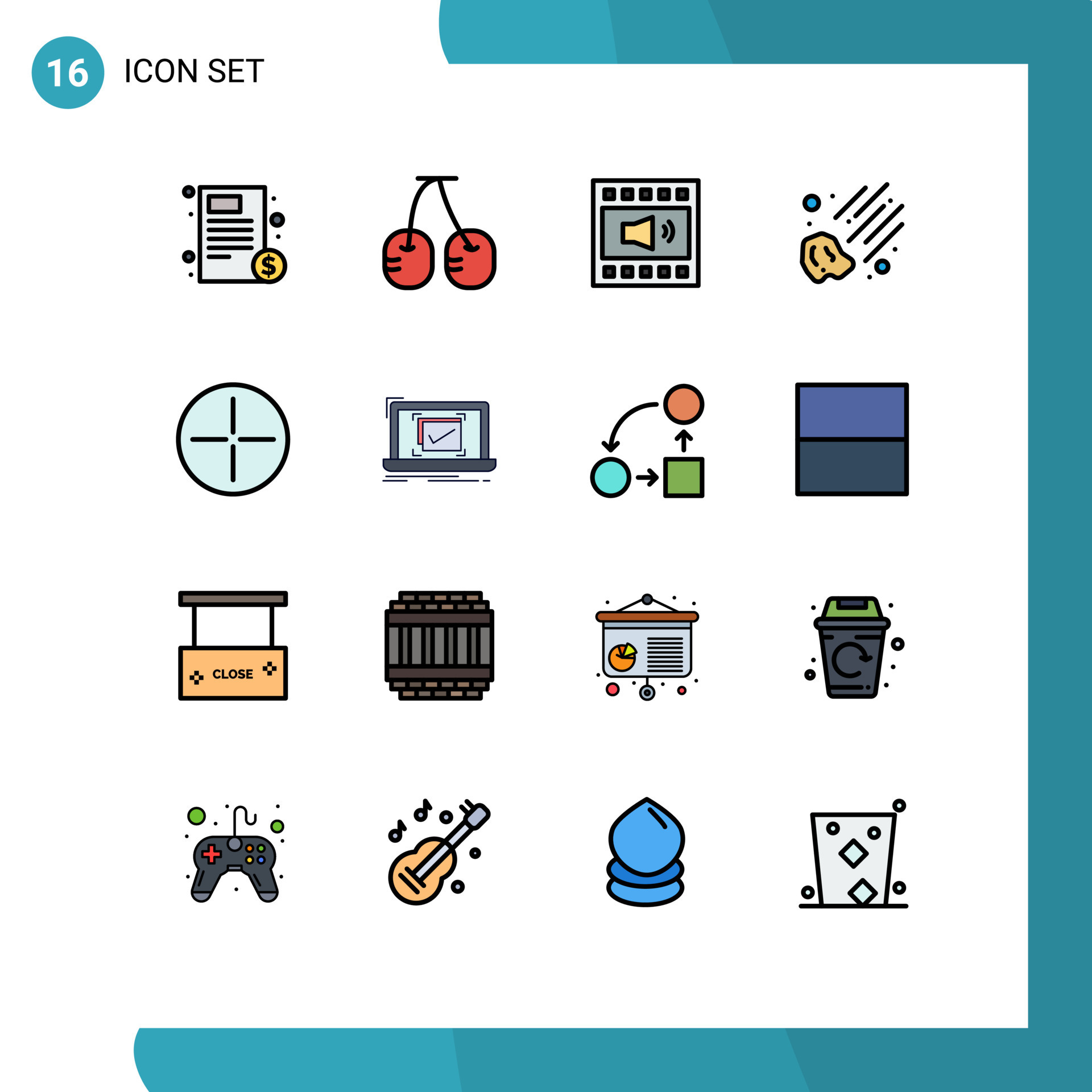 Set Of 16 Vector Flat Color Filled Lines On Grid For Beliefs Space Amplifier Meteorite Volume