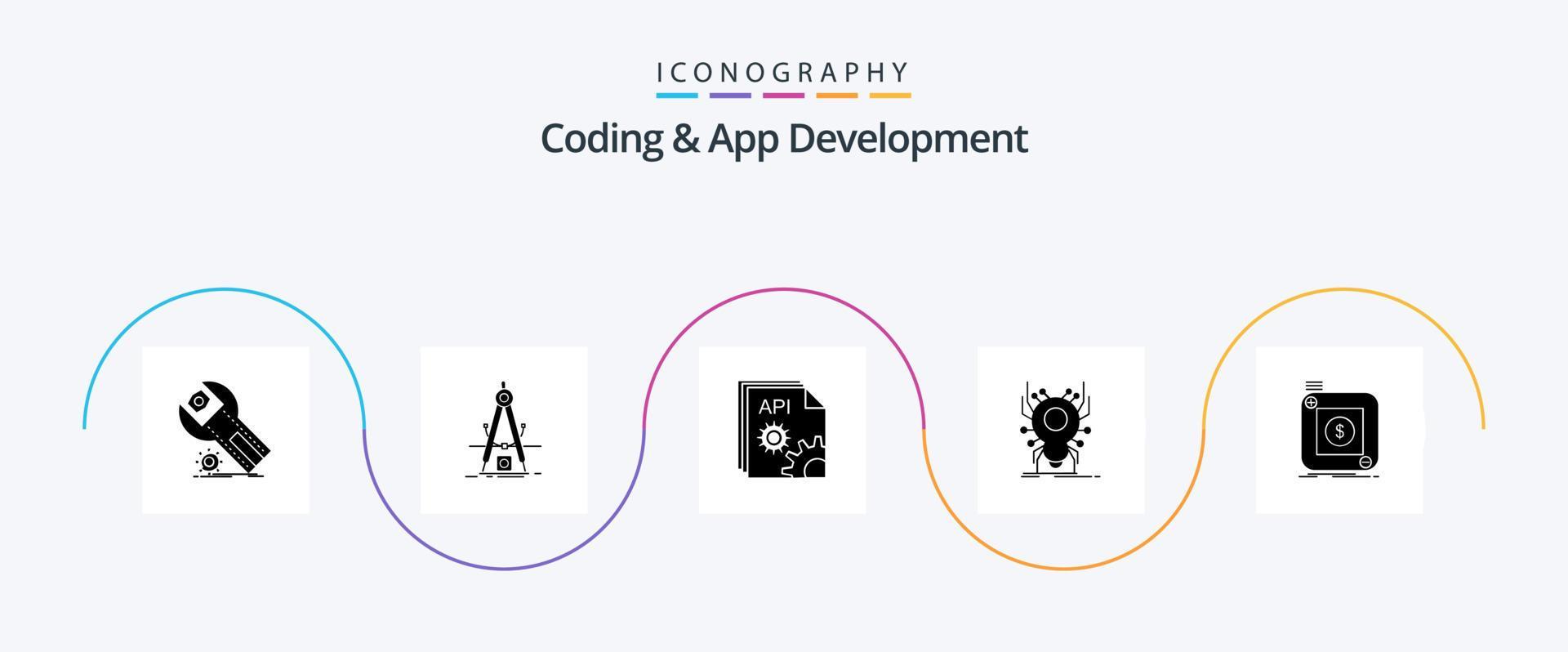 Coding And App Development Glyph 5 Icon Pack Including spider. bug ...