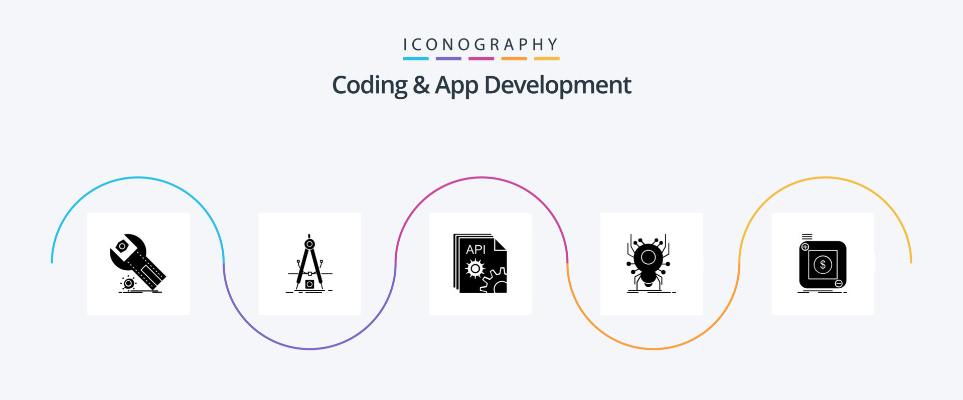 Coding And App Development Glyph 5 Icon Pack Including spider. bug ...