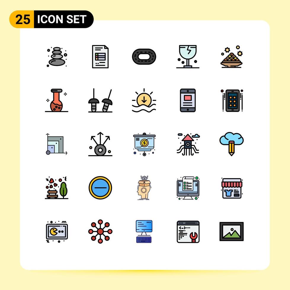 Mobile Interface Filled Line Flat Color Set Of 25 Pictograms Of Plate Dessert Track Shipping