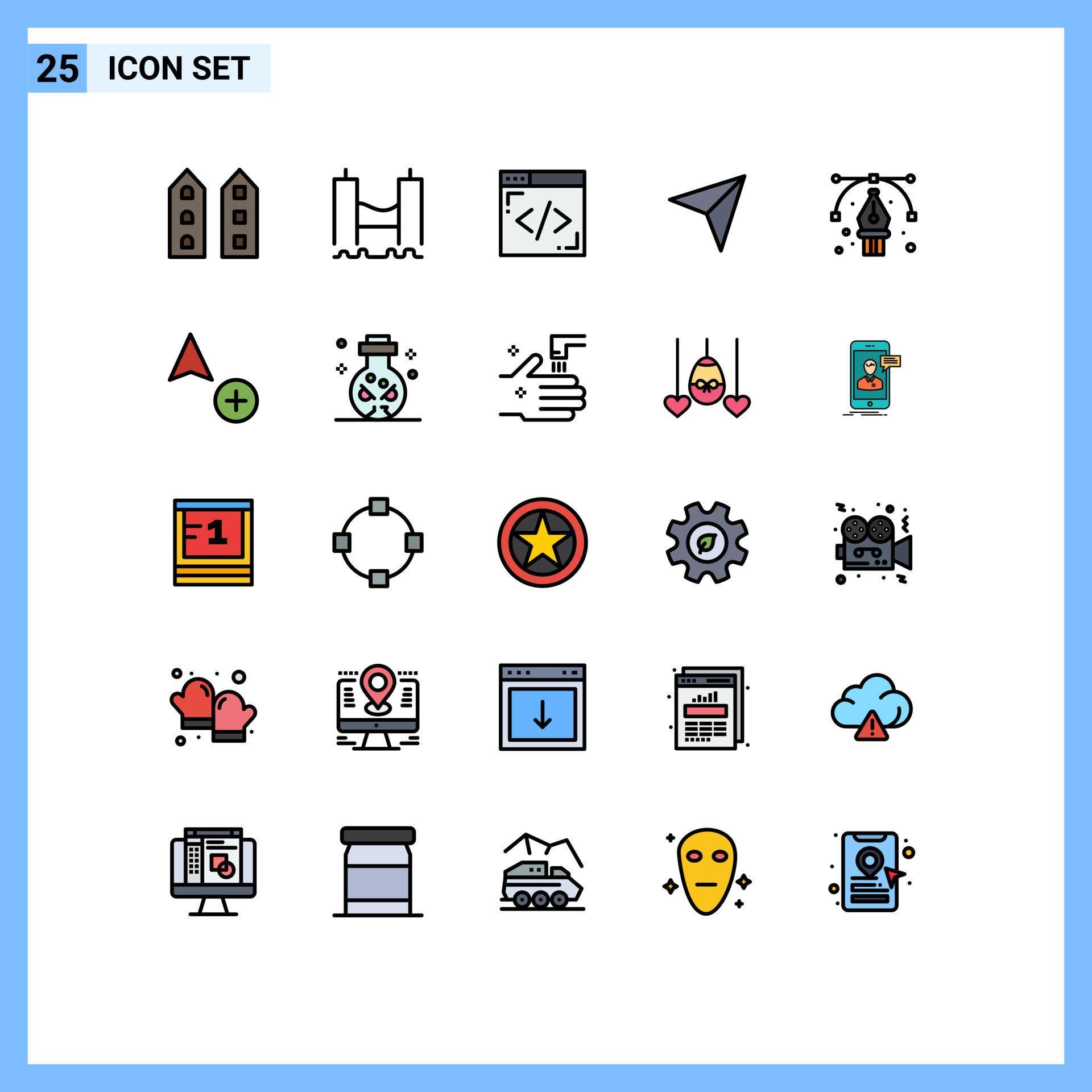 Set Of 25 Vector Filled Line Flat Colors On Grid For Anchor Up Industrial Pointer Lines Editable