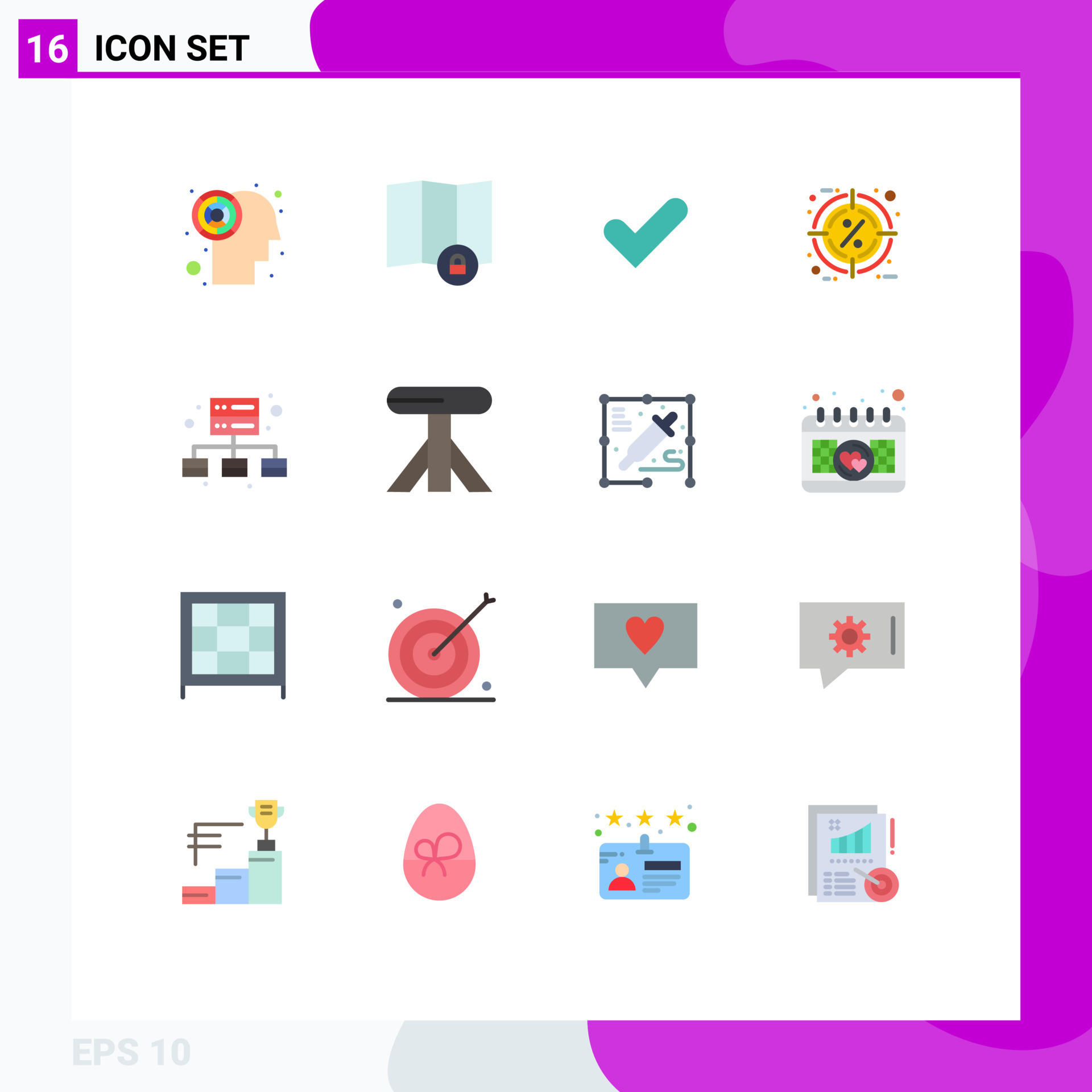 Flat Color Pack Of 16 Universal Symbols Of Server Business Tick Target Percent Editable Pack Of