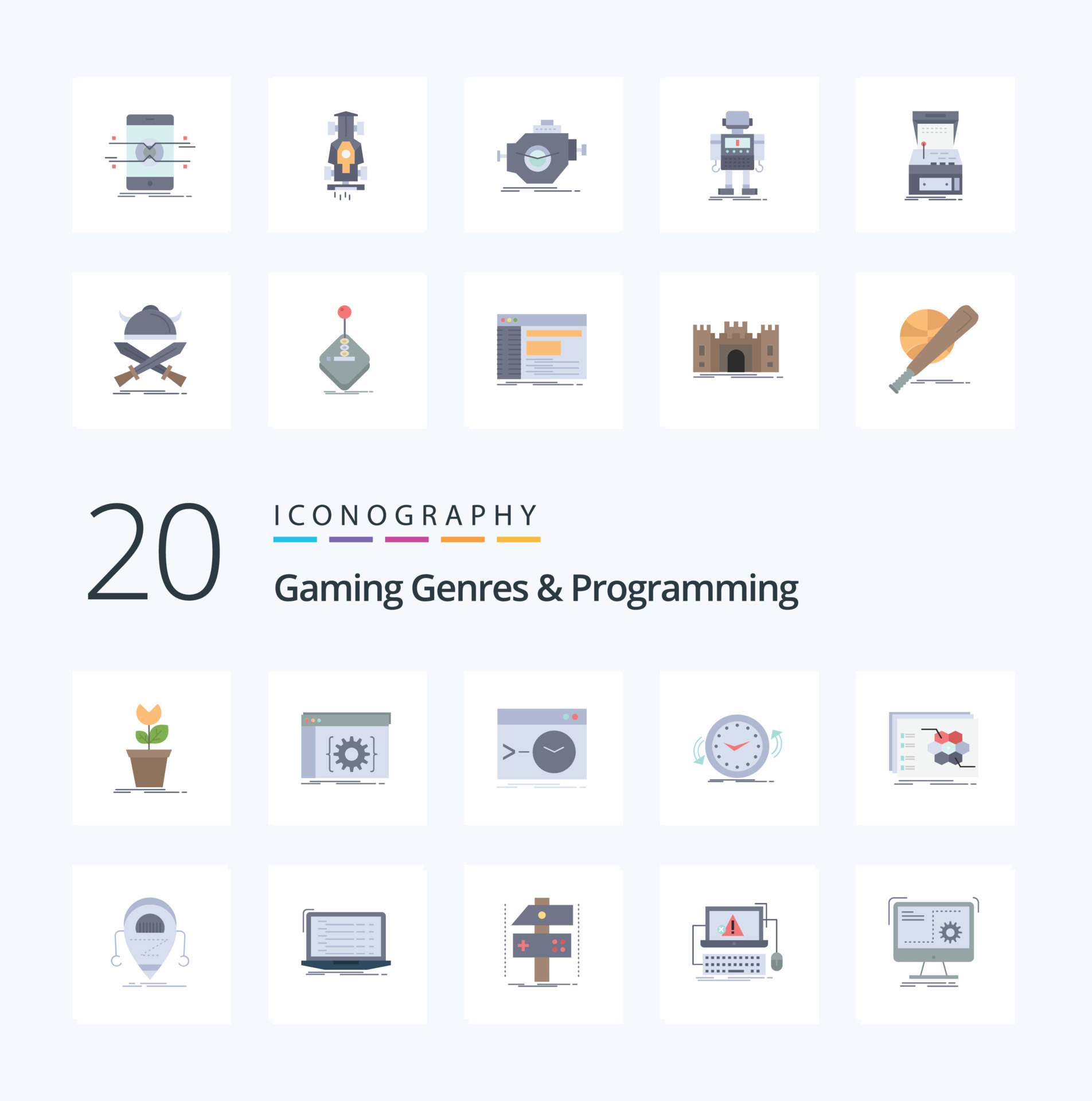 20 Gaming Genres And Programming Flat Color icon Pack like clockwise ...