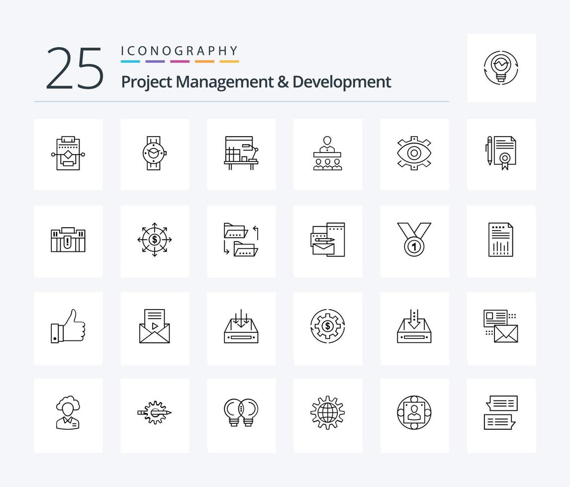 Project Management And Development 25 Line icon pack including eye ...