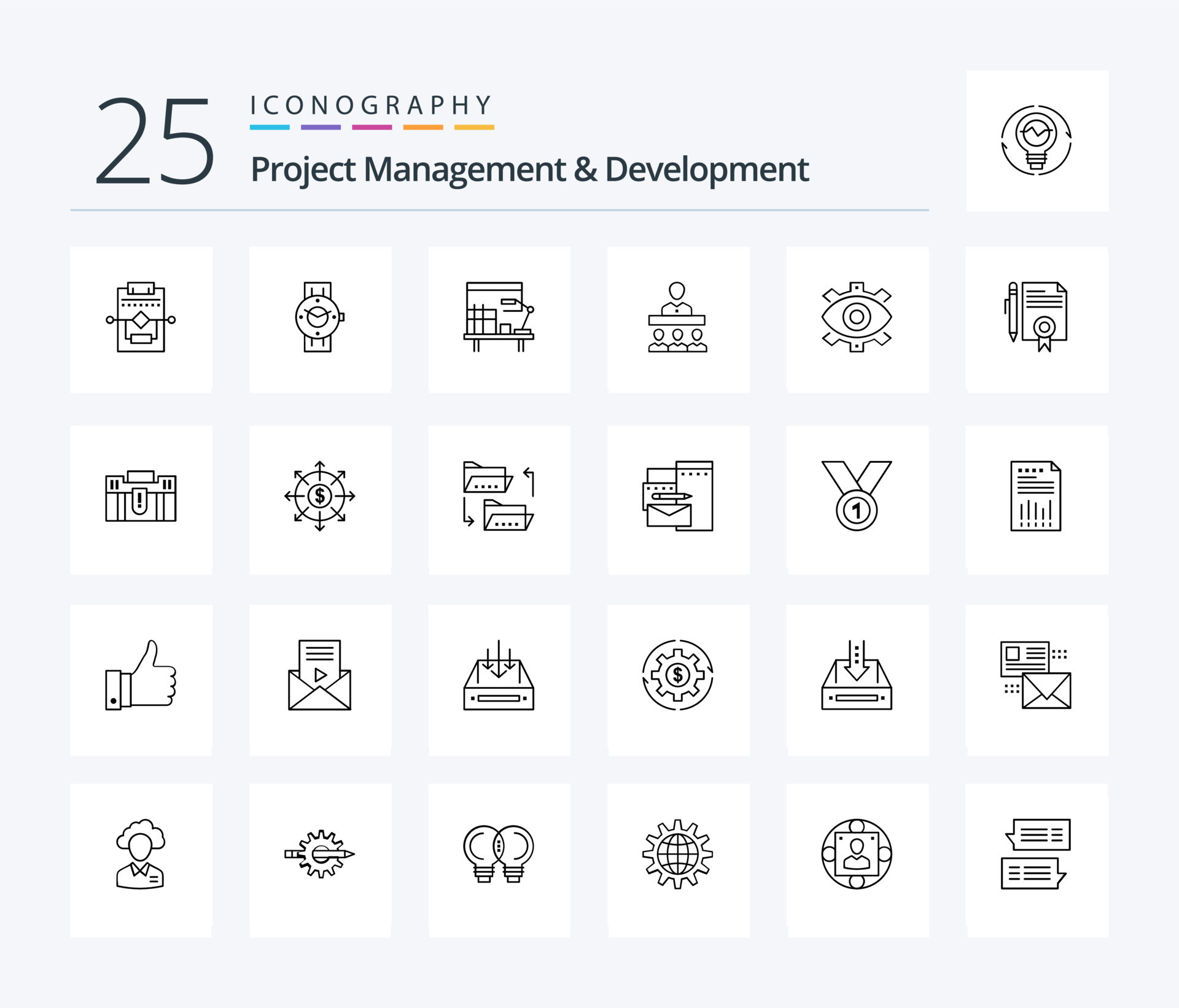 Project Management And Development 25 Line icon pack including eye. teamwork. android. team ...