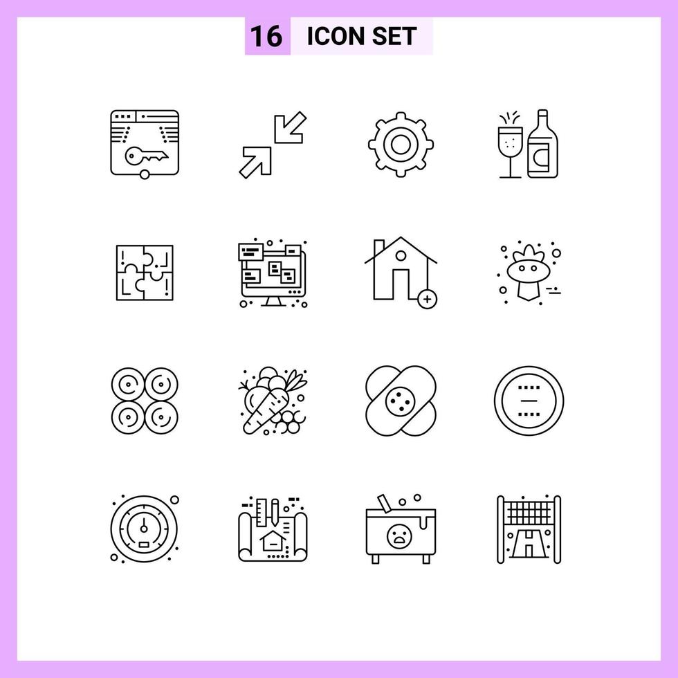 User Interface Pack Of 16 Basic Outlines Of Play Puzzle Gear Ddrink Bottle Editable Vector