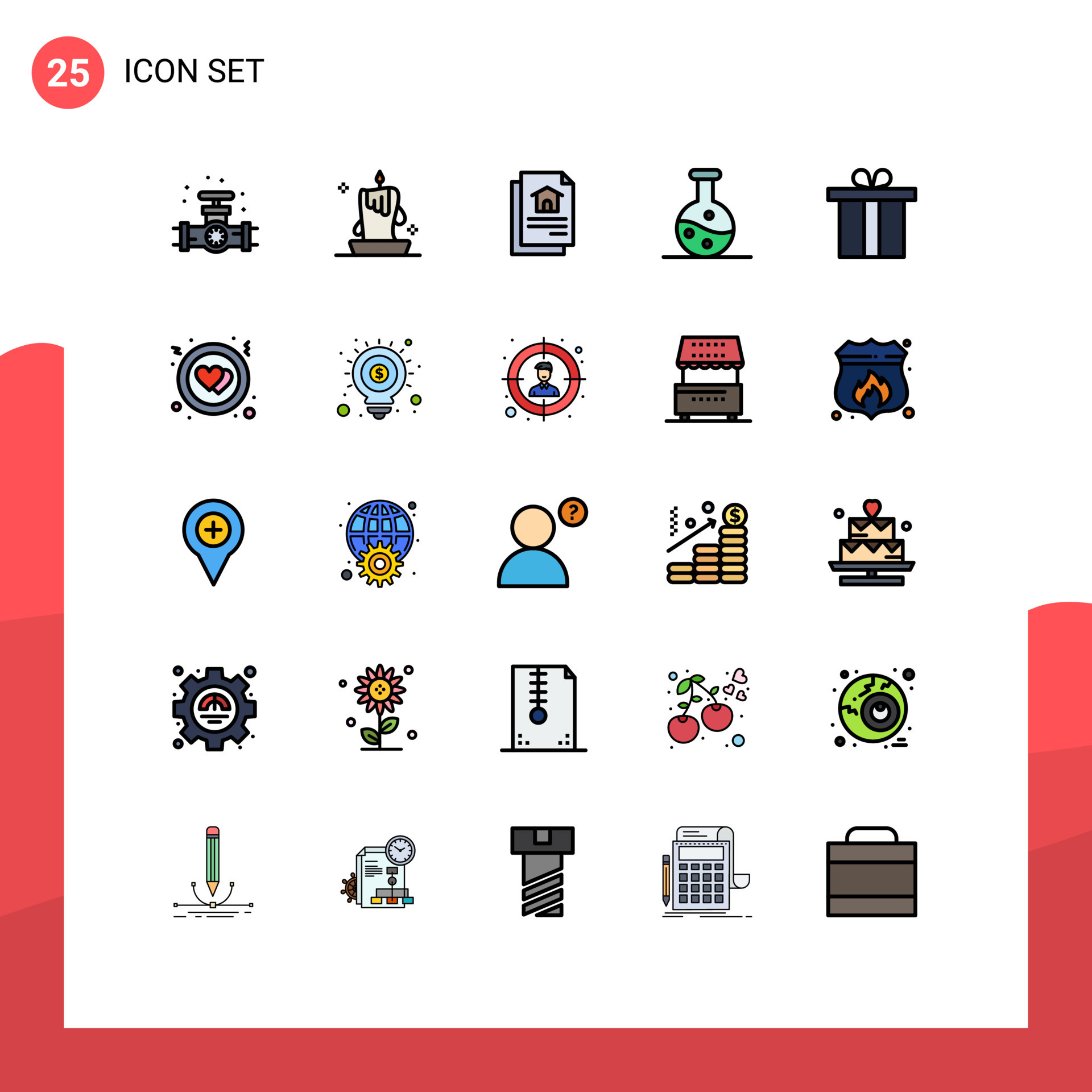 Pictogram Set Of 25 Simple Filled Line Flat Colors Of Holidays Box Lantern Science Boiling Flask