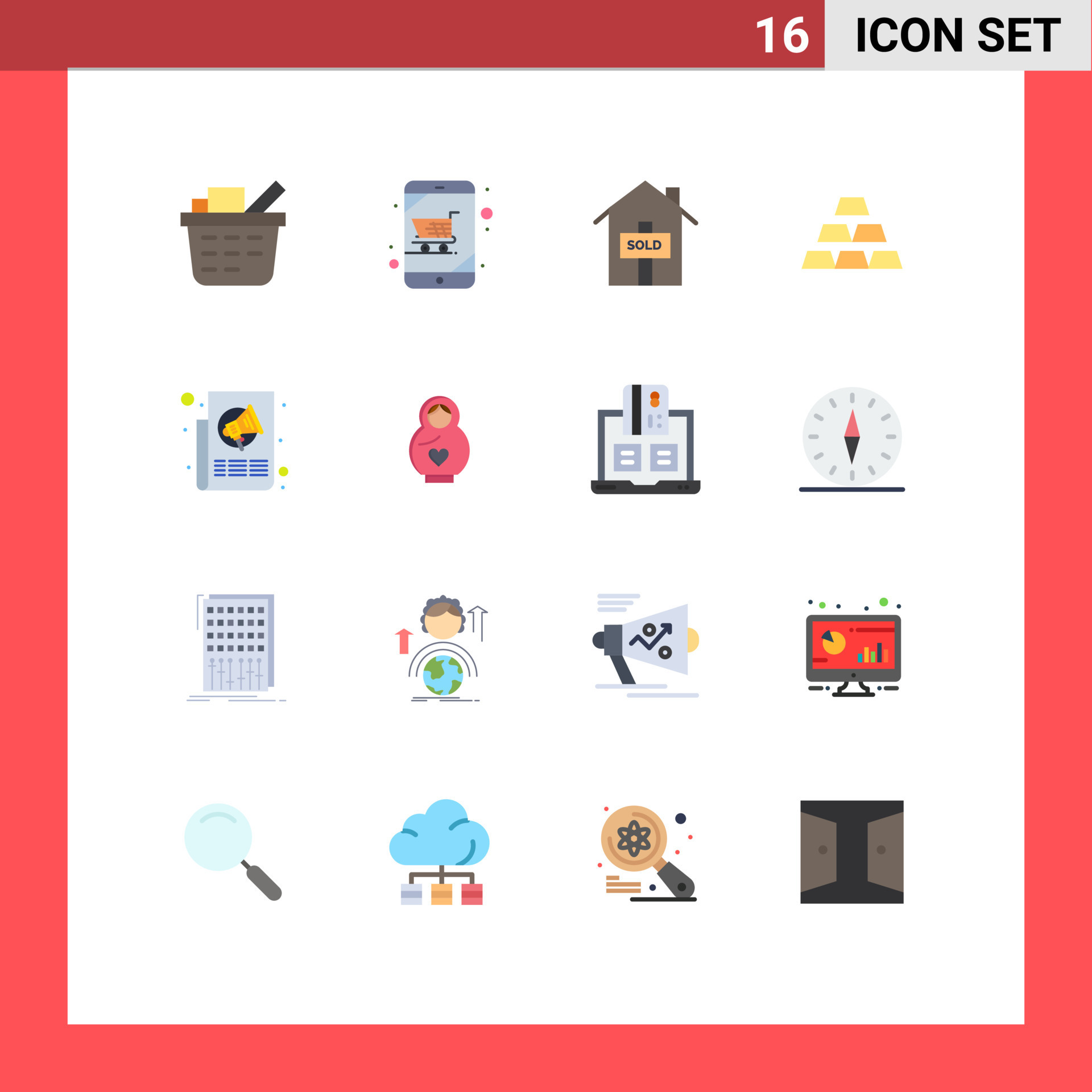 16 User Interface Flat Color Pack Of Modern Signs And Symbols Of Paper