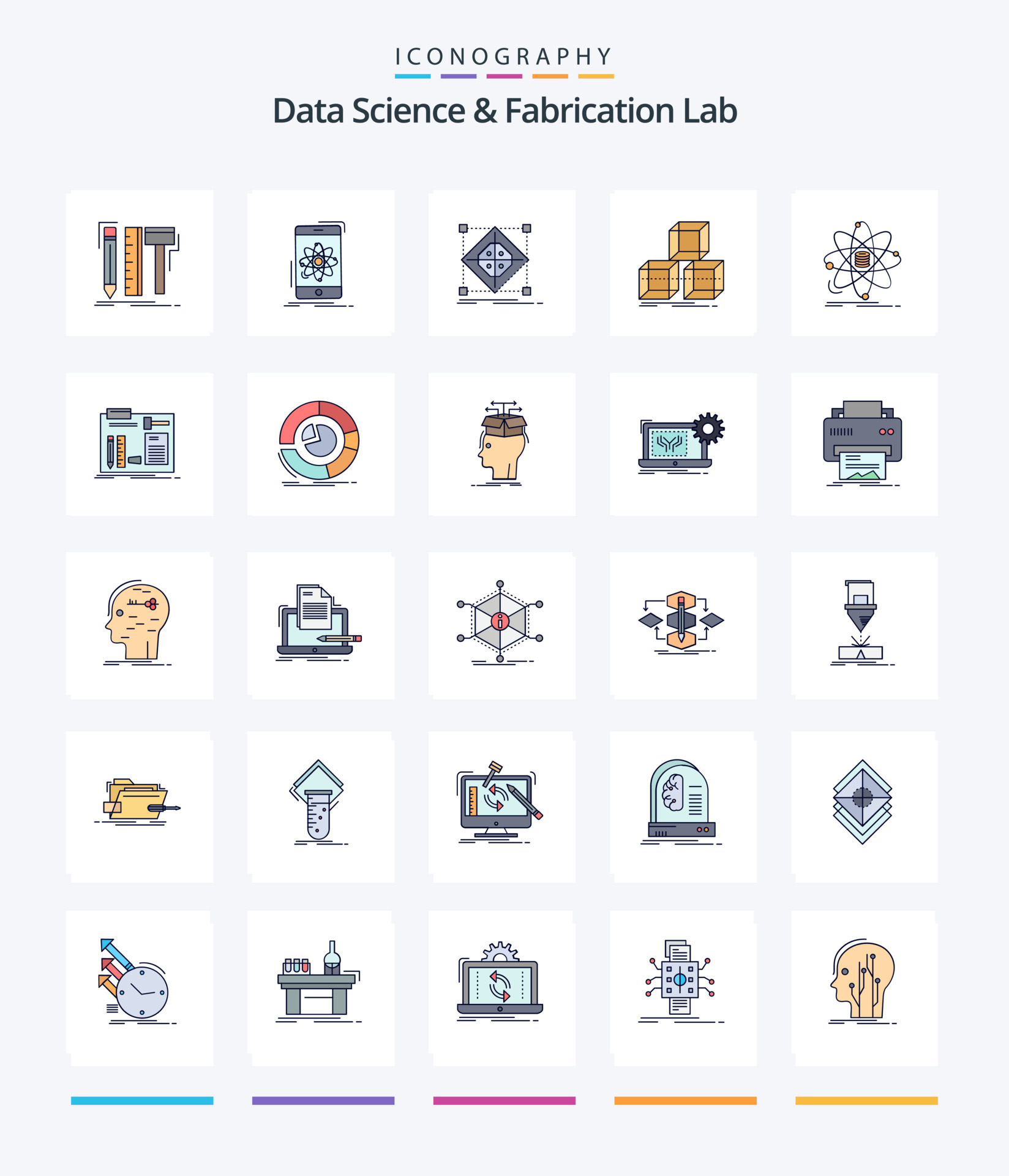 Creative Data Science And Fabrication Lab 25 Line FIlled icon pack Such As stackd. arrange ...