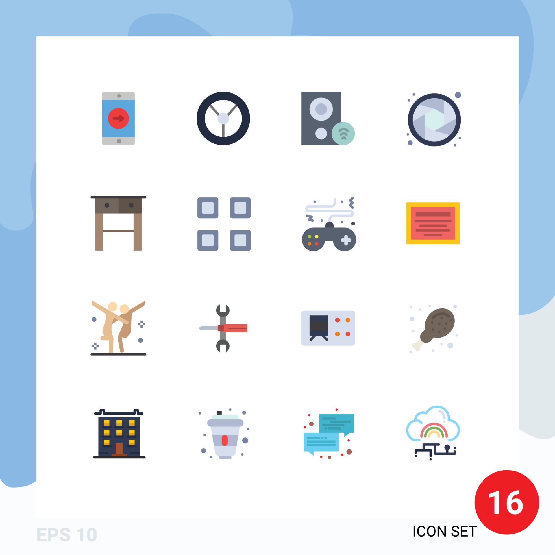 Editable Vector Line Pack Of 16 Simple Flat Colors Of Grid Drawer Gadget Desk Lens Editable Pack