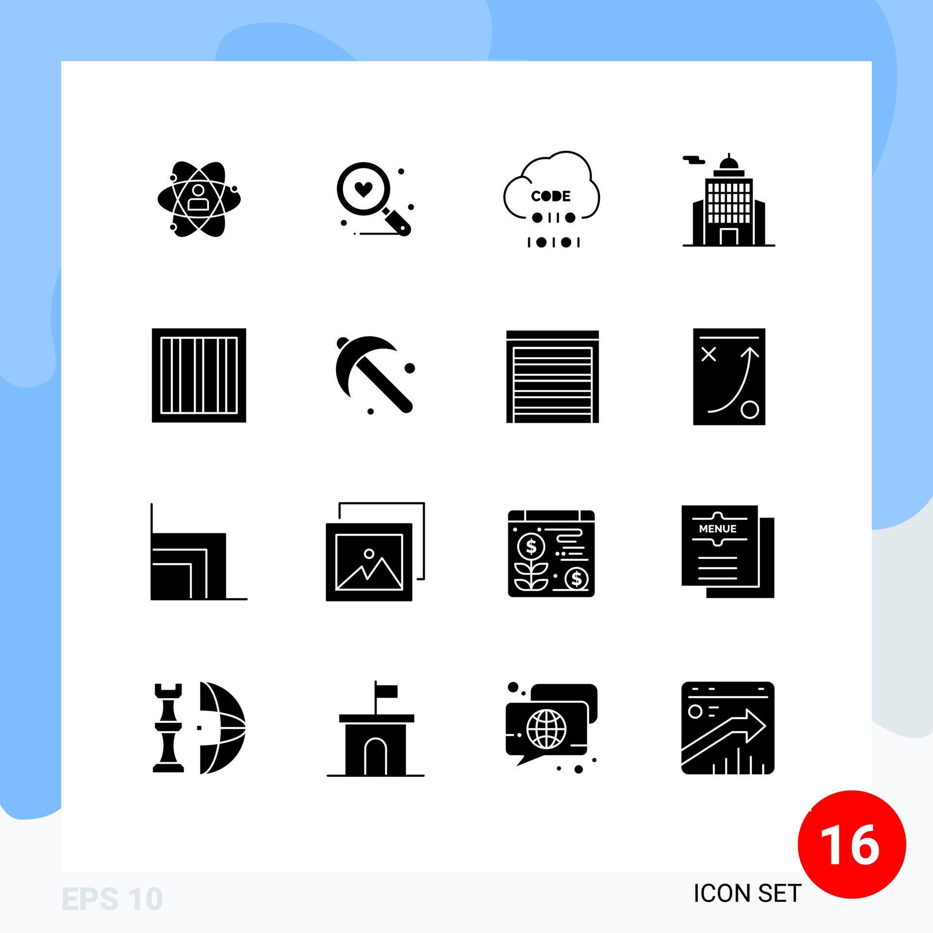 Set of 16 Commercial Solid Glyphs pack for building programming love development coding Editable ...