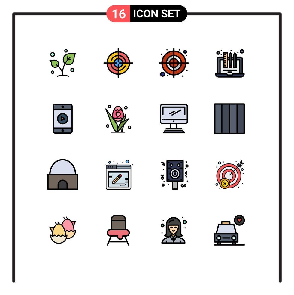 Mobile Interface Flat Color Filled Line Set Of 16 Pictograms Of Pencil Drawing Navigation Device