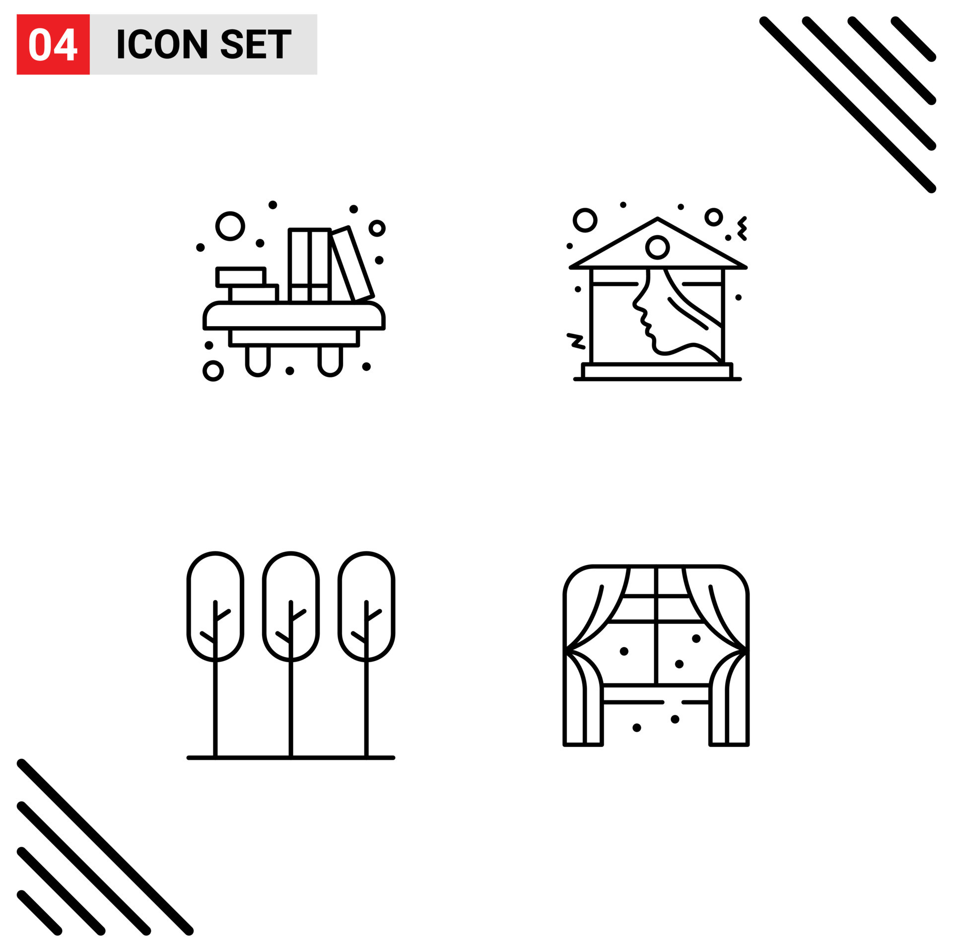 User Interface Pack Of 4 Basic Filledline Flat Colors Of Desk Nature School House Tree Editable