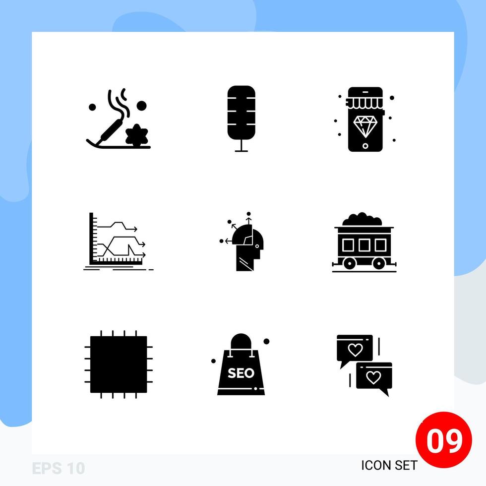 Pictogram Set of 9 Simple Solid Glyphs of mind programming user diamond prediction graph ...