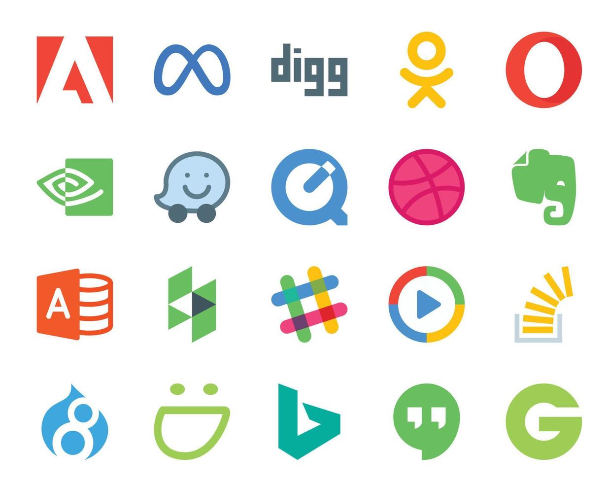 Paquete de 20 íconos de redes sociales que incluye stockoverflow windows media player quicktime ...