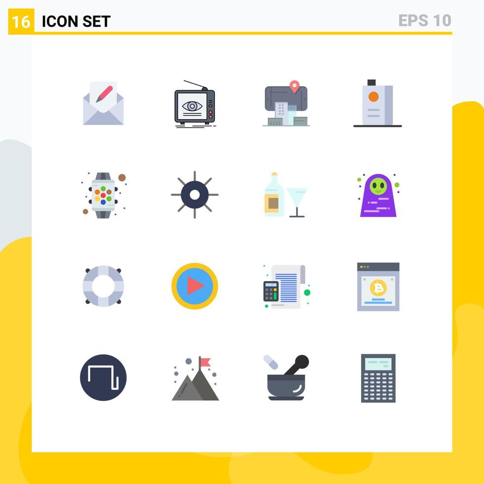 Mobile Interface Flat Color Set Of 16 Pictograms Of Fruit Drink Television And Technology