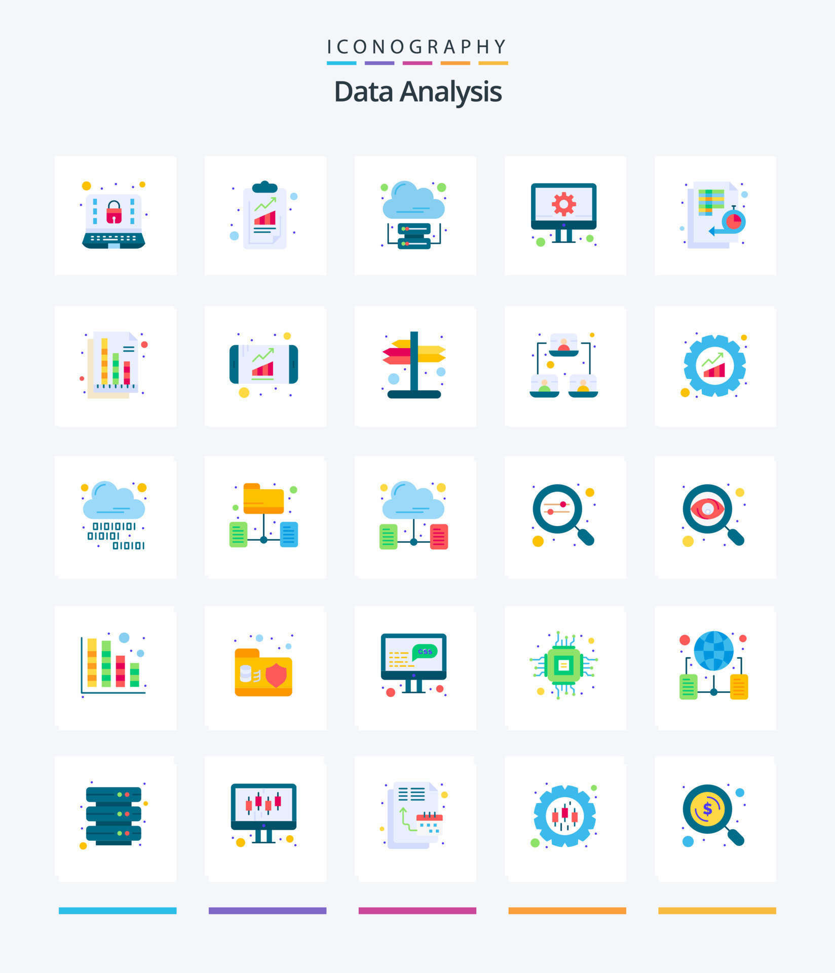 Creative Data Analysis 25 Flat icon pack Such As flowchart. setting ...