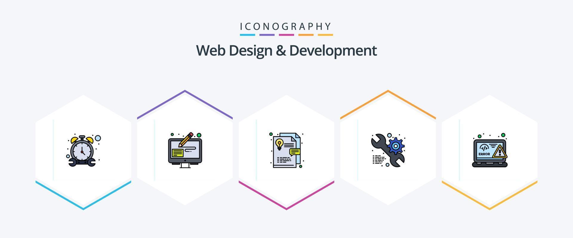 Web Design And Development 25 FilledLine icon pack including html. coding. idea. gear. setting ...