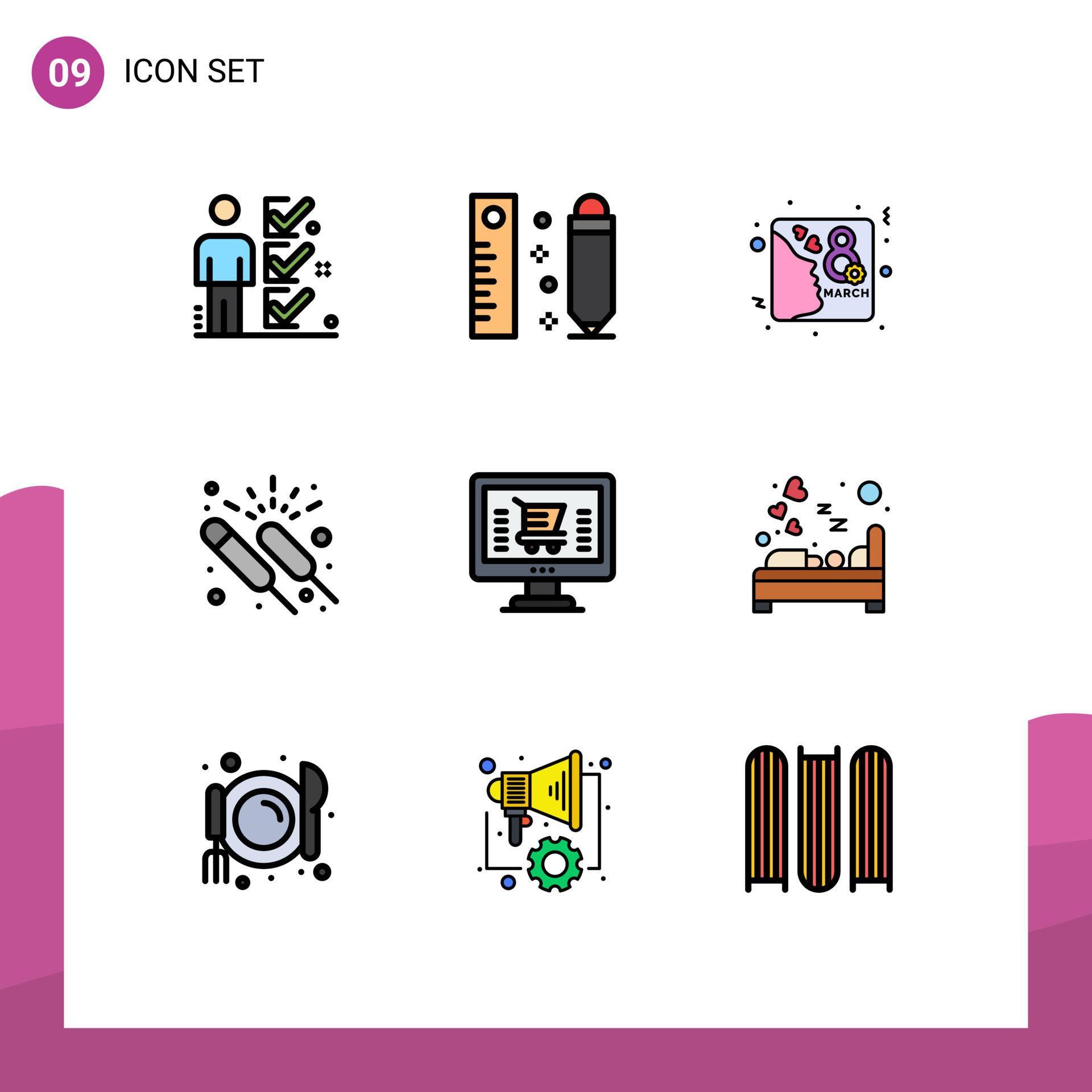 Set Of 9 Modern Ui Icons Symbols Signs For Night Fireworks Ruler Event Invite Editable Vector
