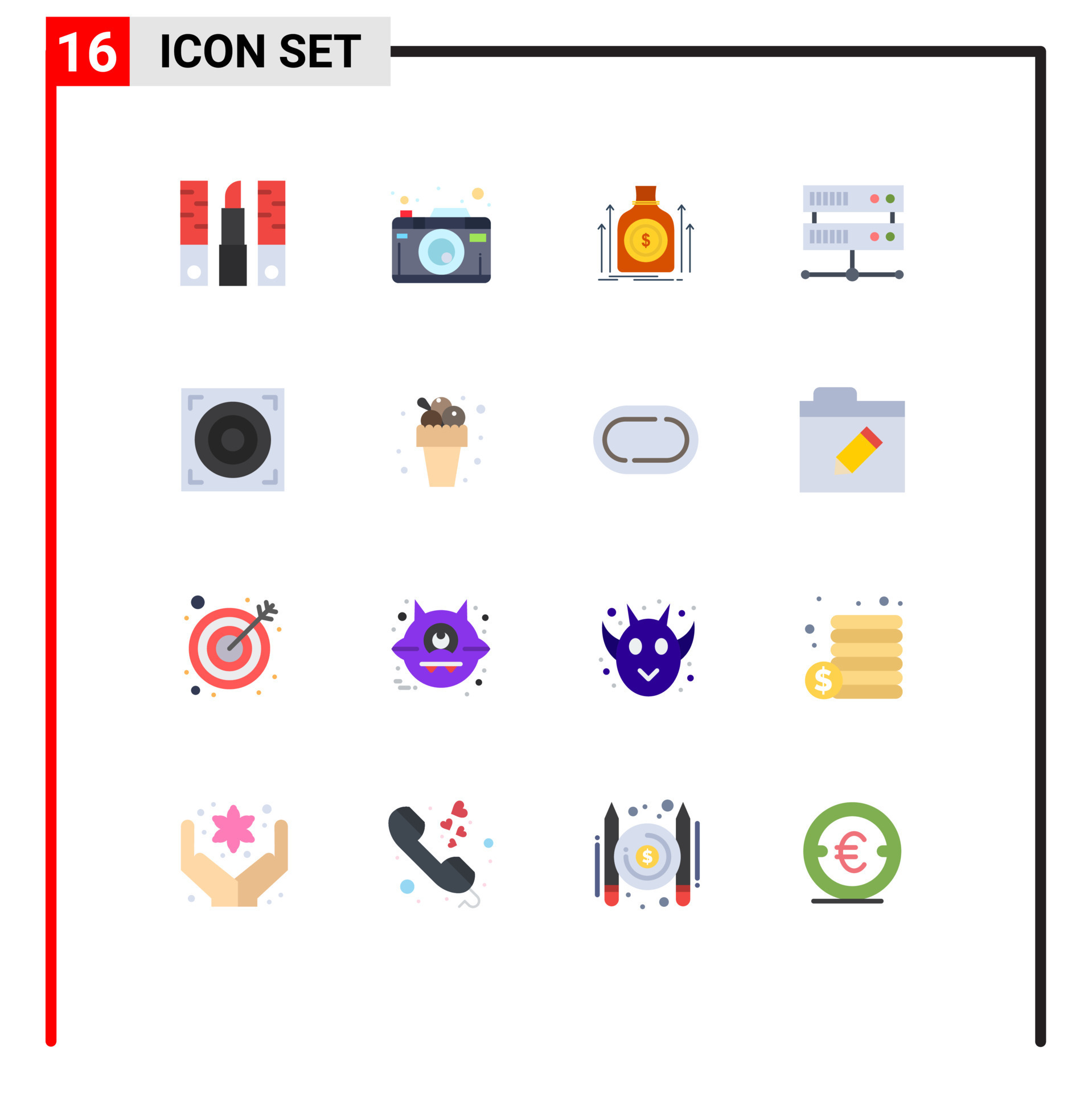 Universal Icon Symbols Group Of 16 Modern Flat Colors Of Design Database Server Photography Data