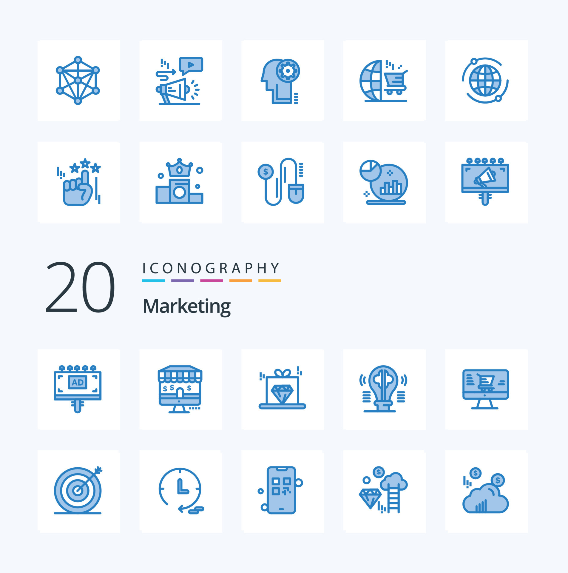 Paquete de 20 iconos de color azul de marketing como bombilla de idea ... Paquete de 20 iconos de color azul de marketing como bombilla de idea ...