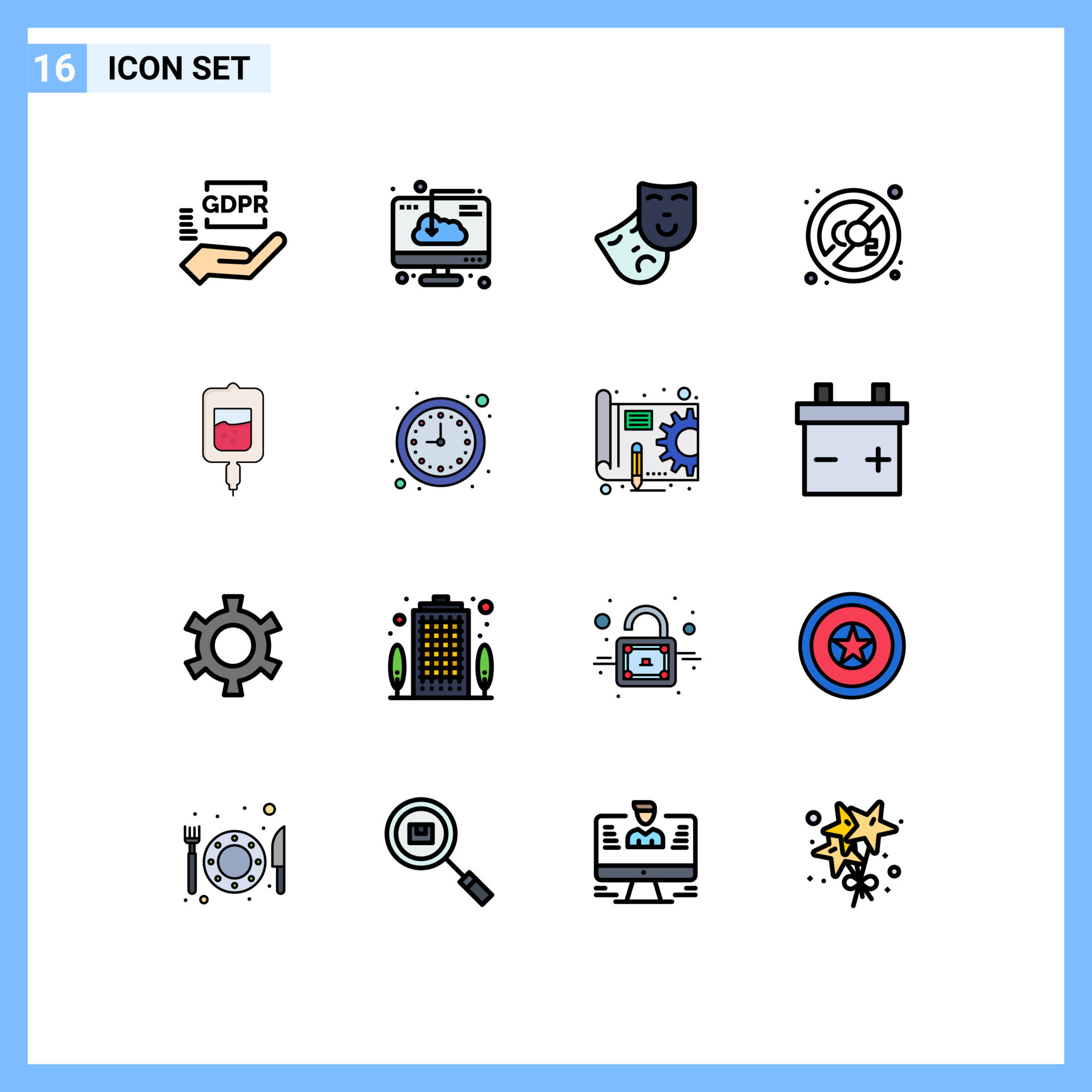 Group Of 16 Flat Color Filled Lines Signs And Symbols For Test Disable Software Pollution Co