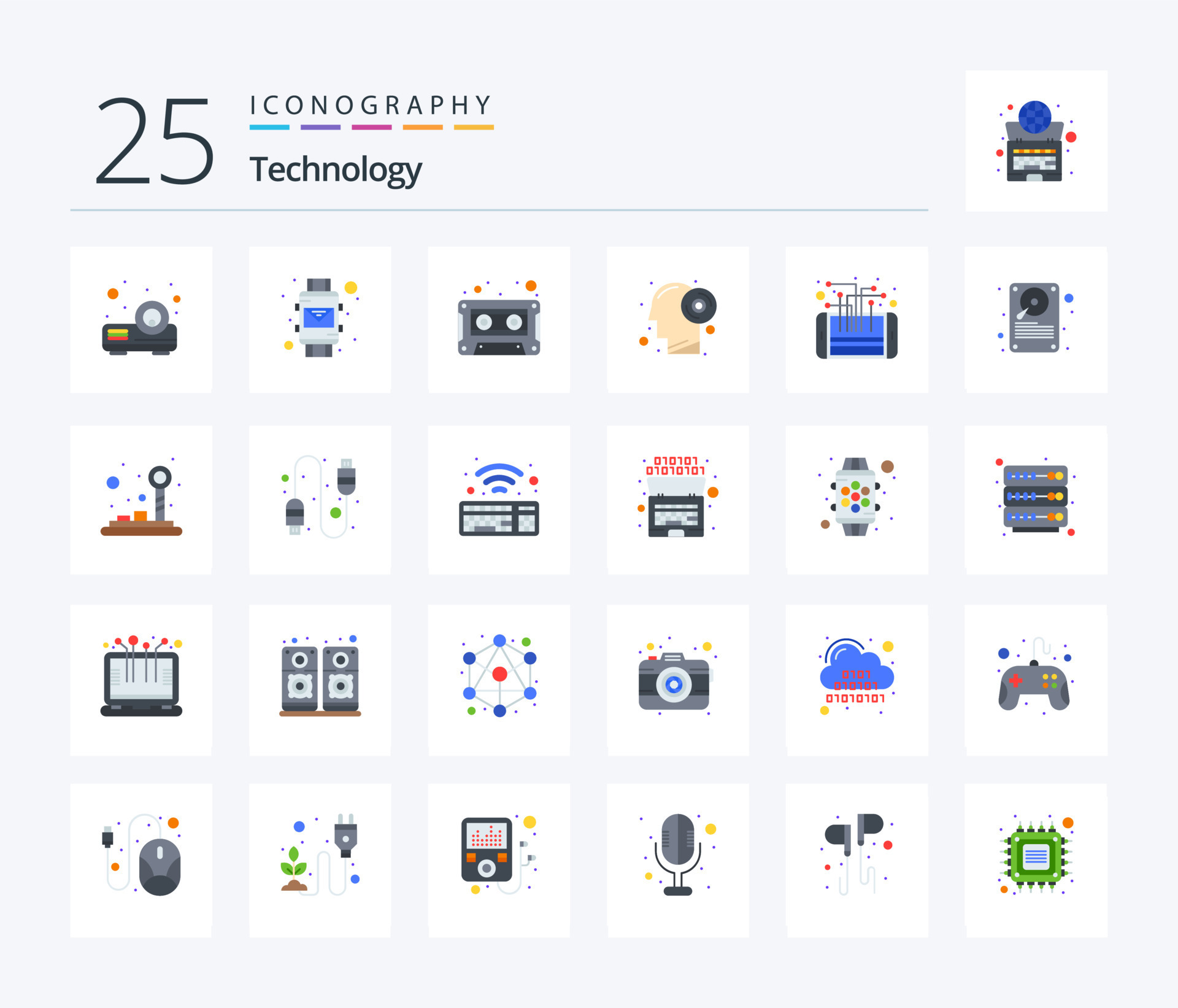 Technology 25 Flat Color icon pack including phone. circuit. audio ...