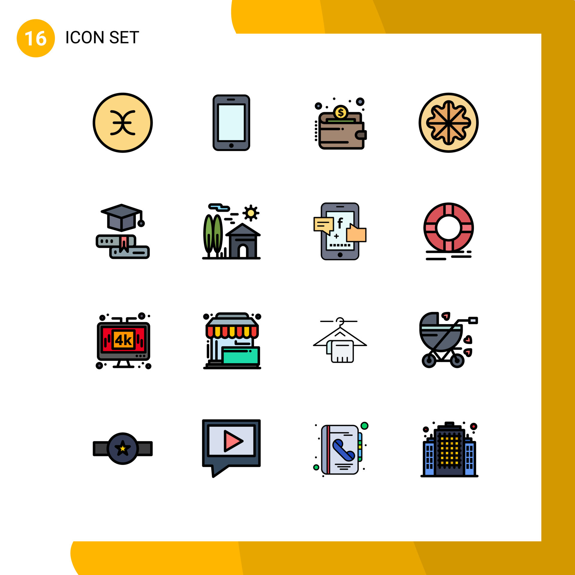 conjunto moderno de 16 líneas llenas de color plano pictograma de libros verduras efectivo ...