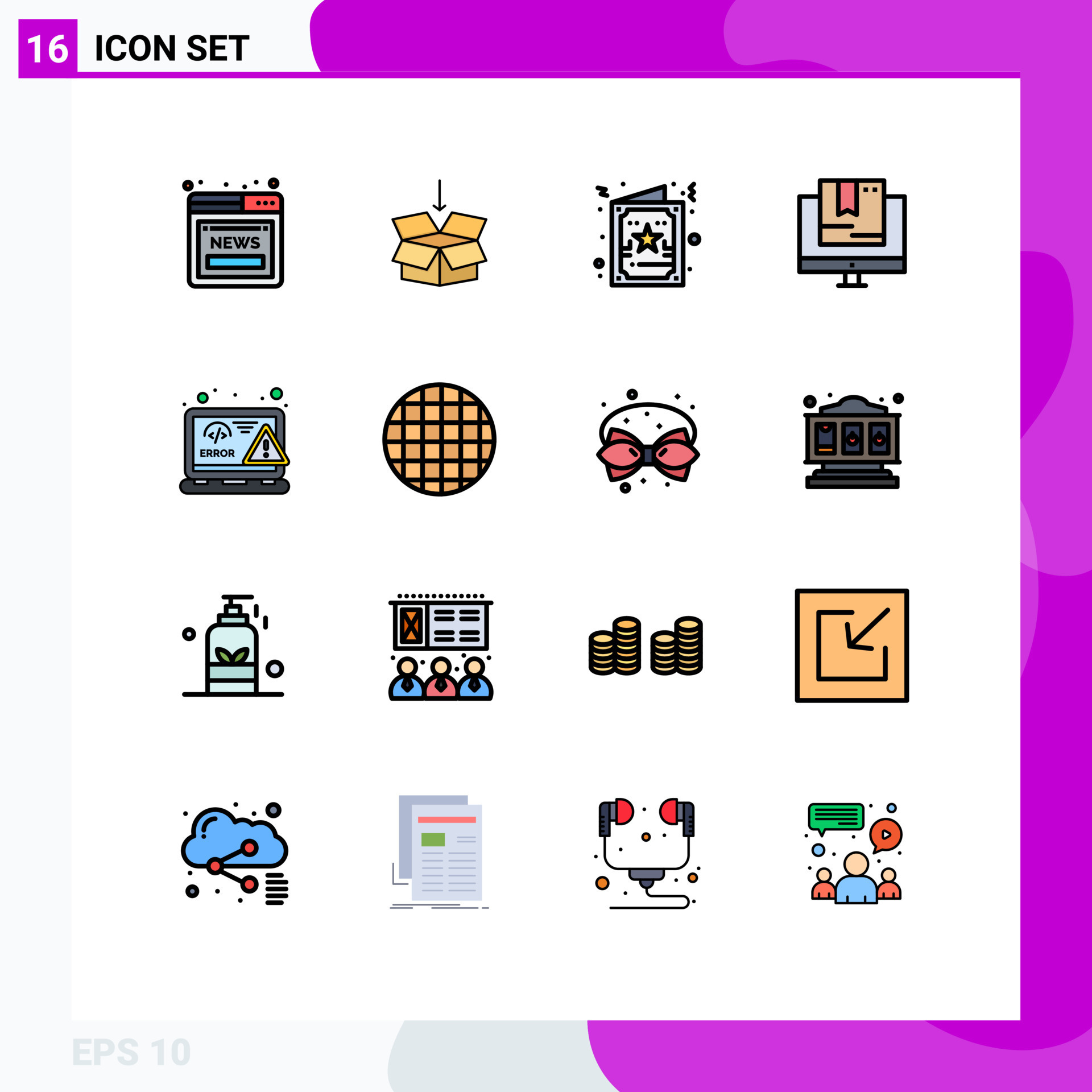 Universal Icon Symbols Group of 16 Modern Flat Color Filled Lines of ...