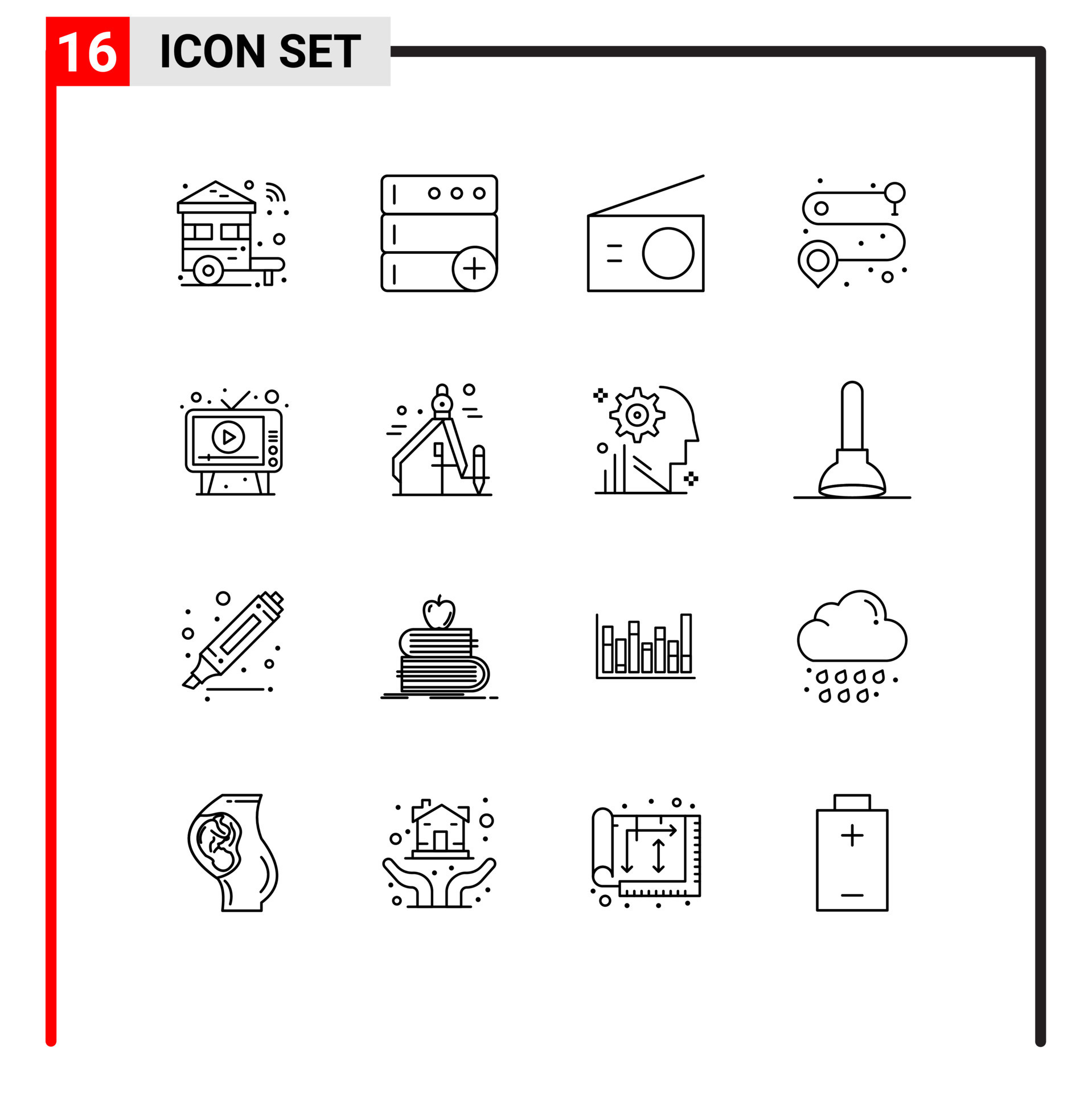Mobile Interface Outline Set Of 16 Pictograms Of Media Ad Appliances Route Point Editable Vector