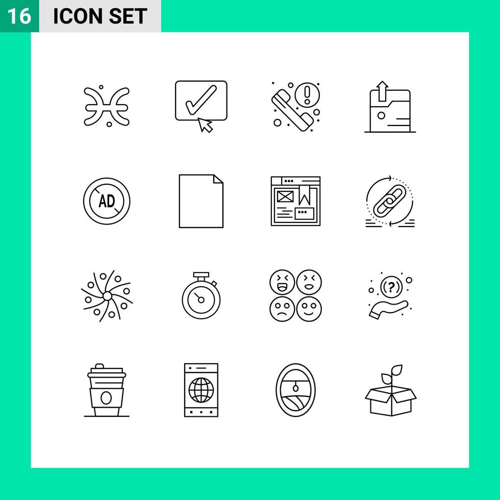 Group Of 16 Outlines Signs And Symbols For Ad Blocker Ad Call Upload Business Editable Vector