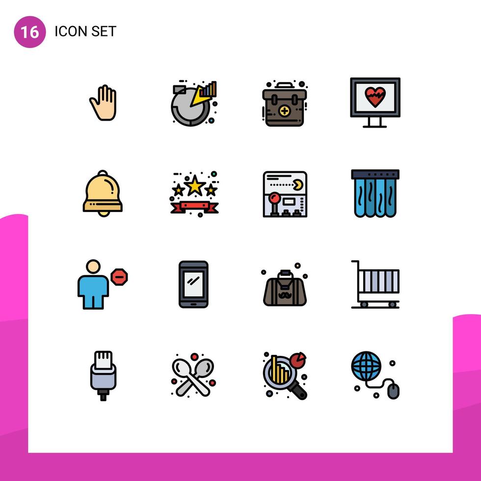 16 Universal Flat Color Filled Lines Set For Web And Mobile Applications Bells Pulse Product