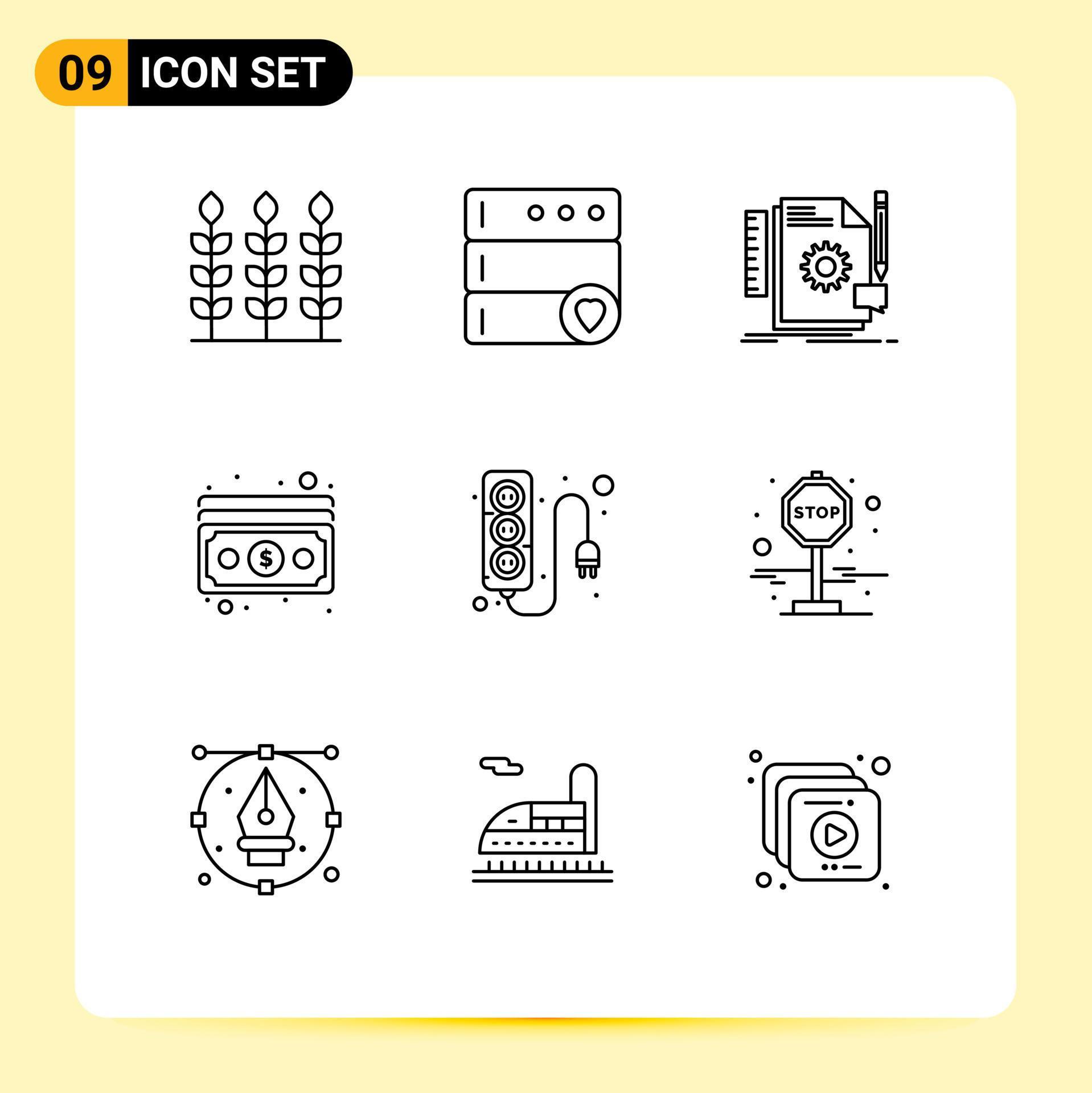 Modern Set of 9 Outlines and symbols such as power electronics develop payment dollar Editable ...