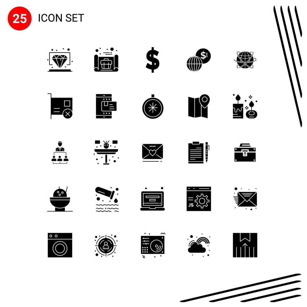 Pictogram Set of 25 Simple Solid Glyphs of data globe currency modern global Editable Vector ...