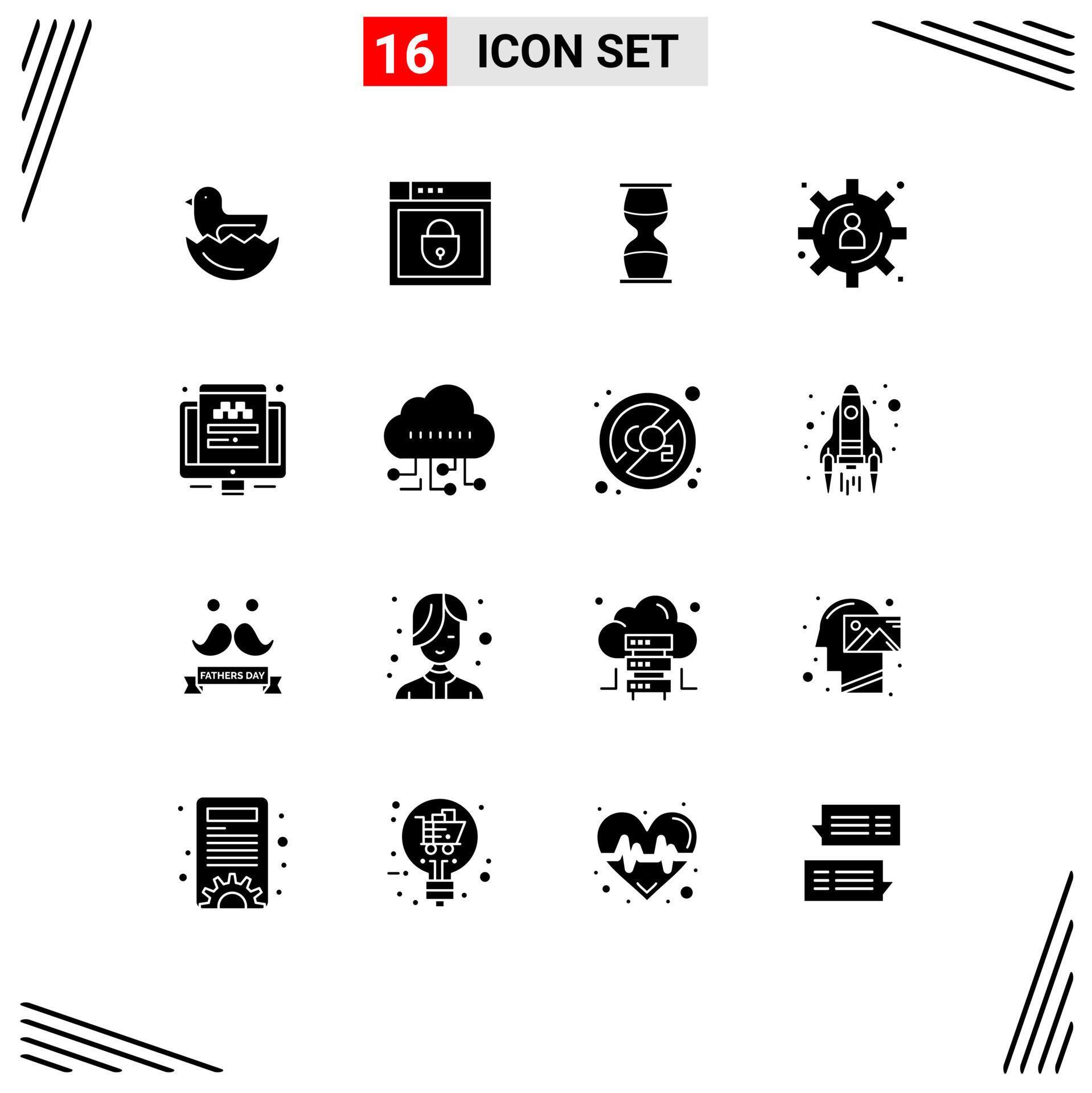 Set of 16 Vector Solid Glyphs on Grid for traveling data management ...