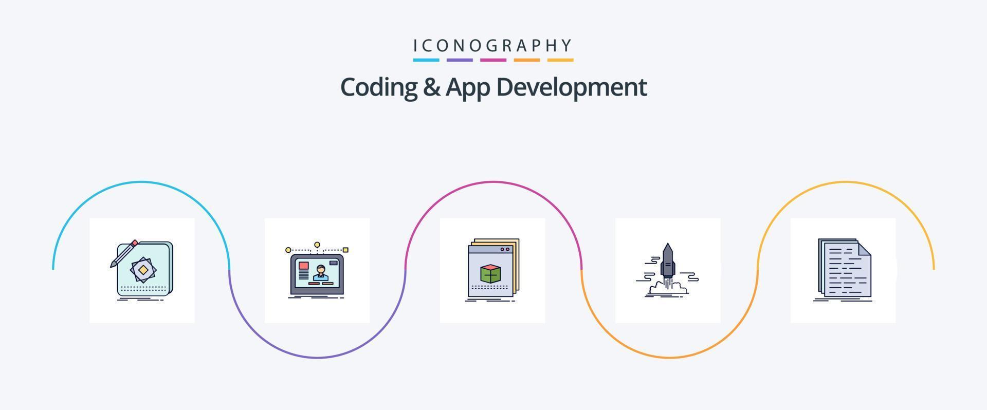 Coding And App Development Line Filled Flat 5 Icon Pack Including App Launch Layout Program