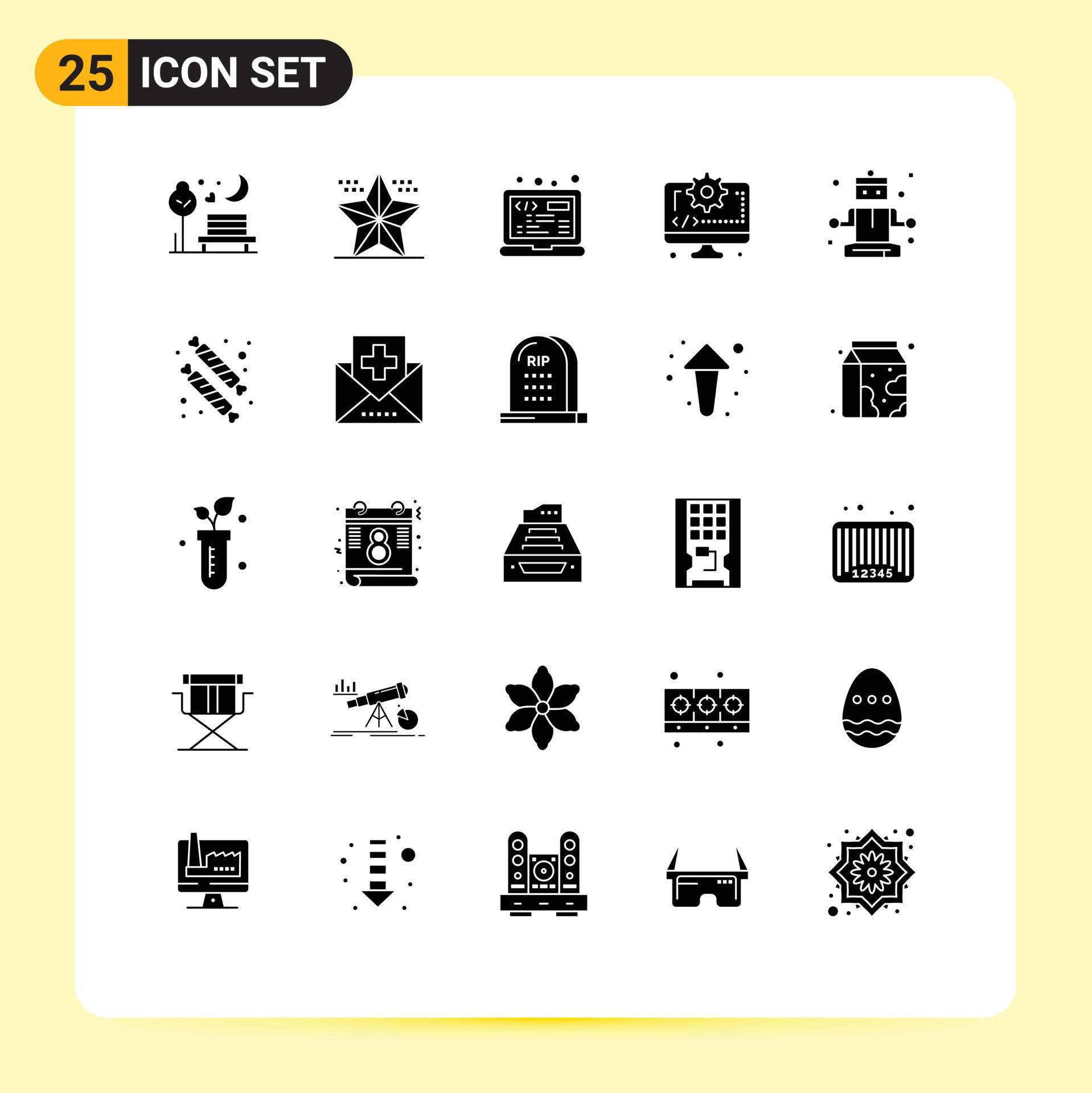 25 Thematic Vector Solid Glyphs and Editable Symbols of gear coding holiday computer programming ...