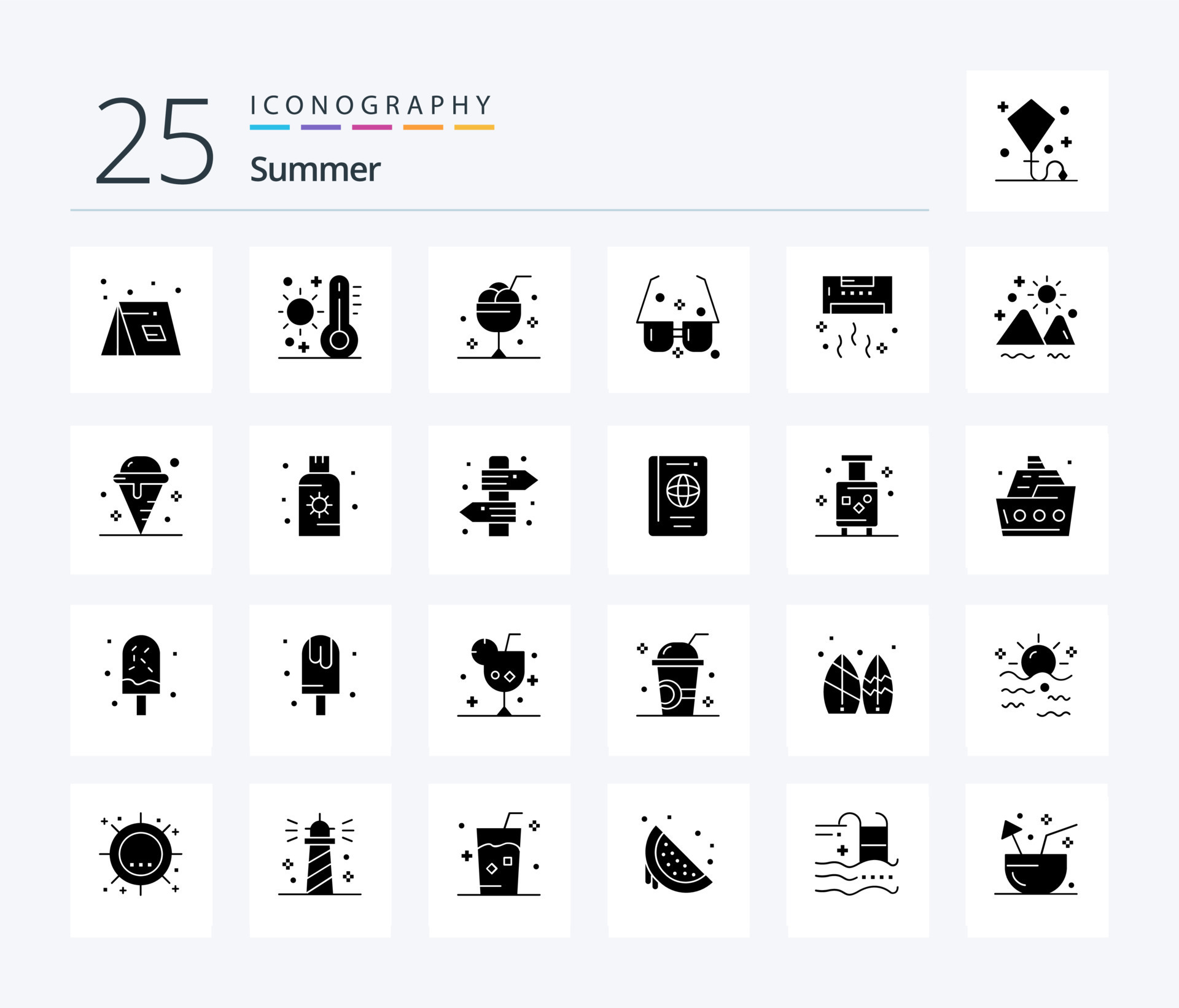 Summer 25 Solid Glyph Icon Pack Including Summer Eyeglasses Thermometer Summer Glass