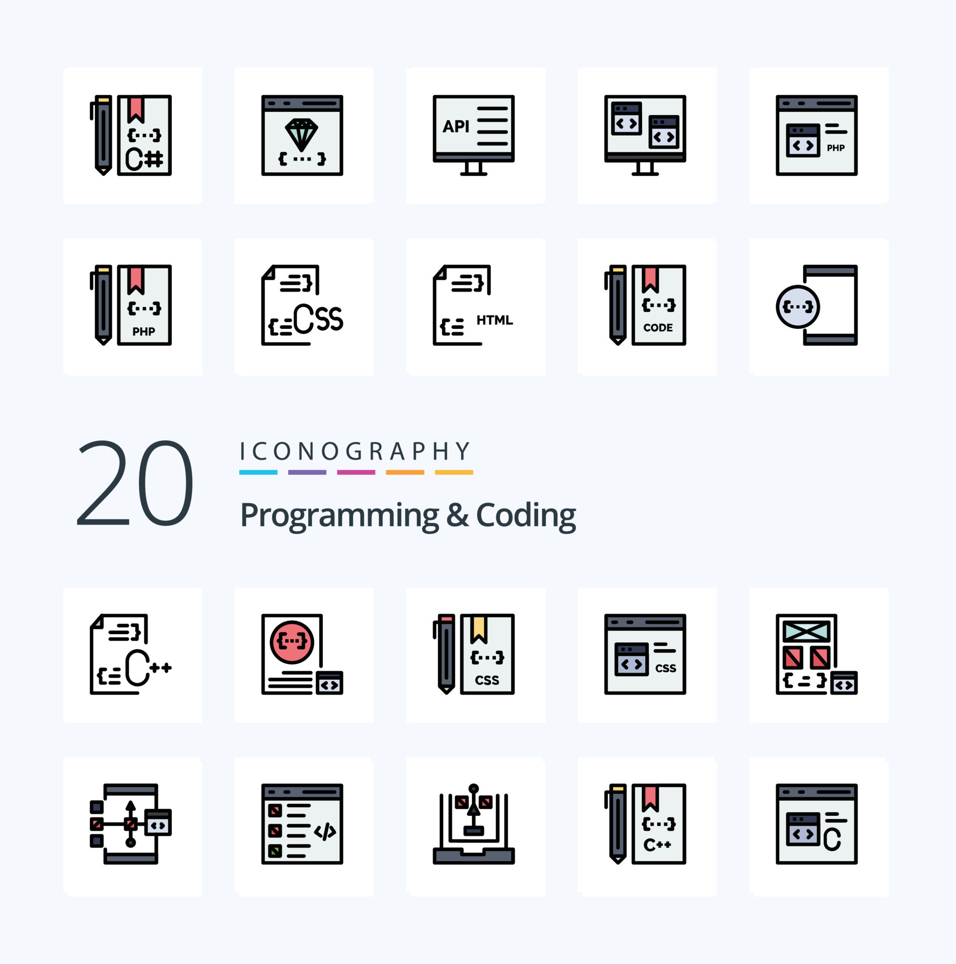 20 Programming And Coding Line Filled Color Icon Pack Like Develop App