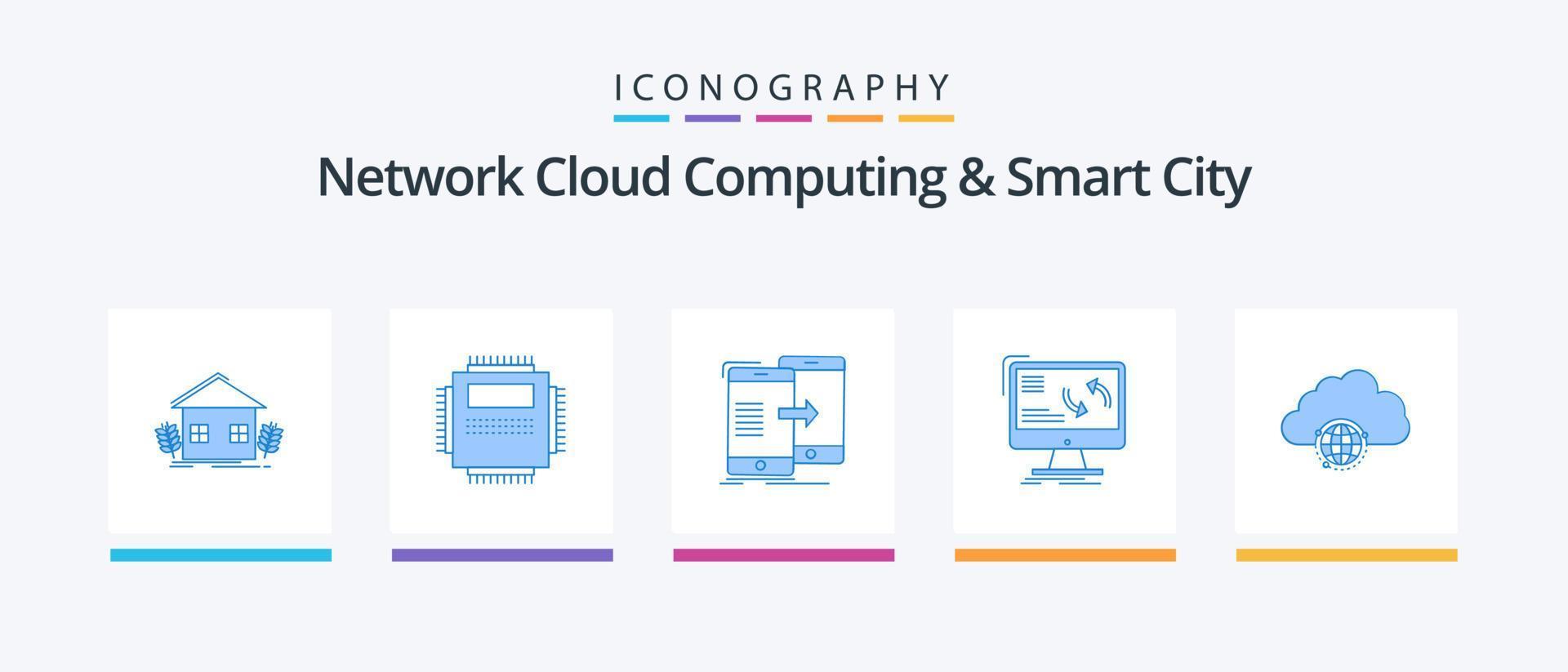 Network Cloud Computing And Smart City Blue 5 Icon Pack Including