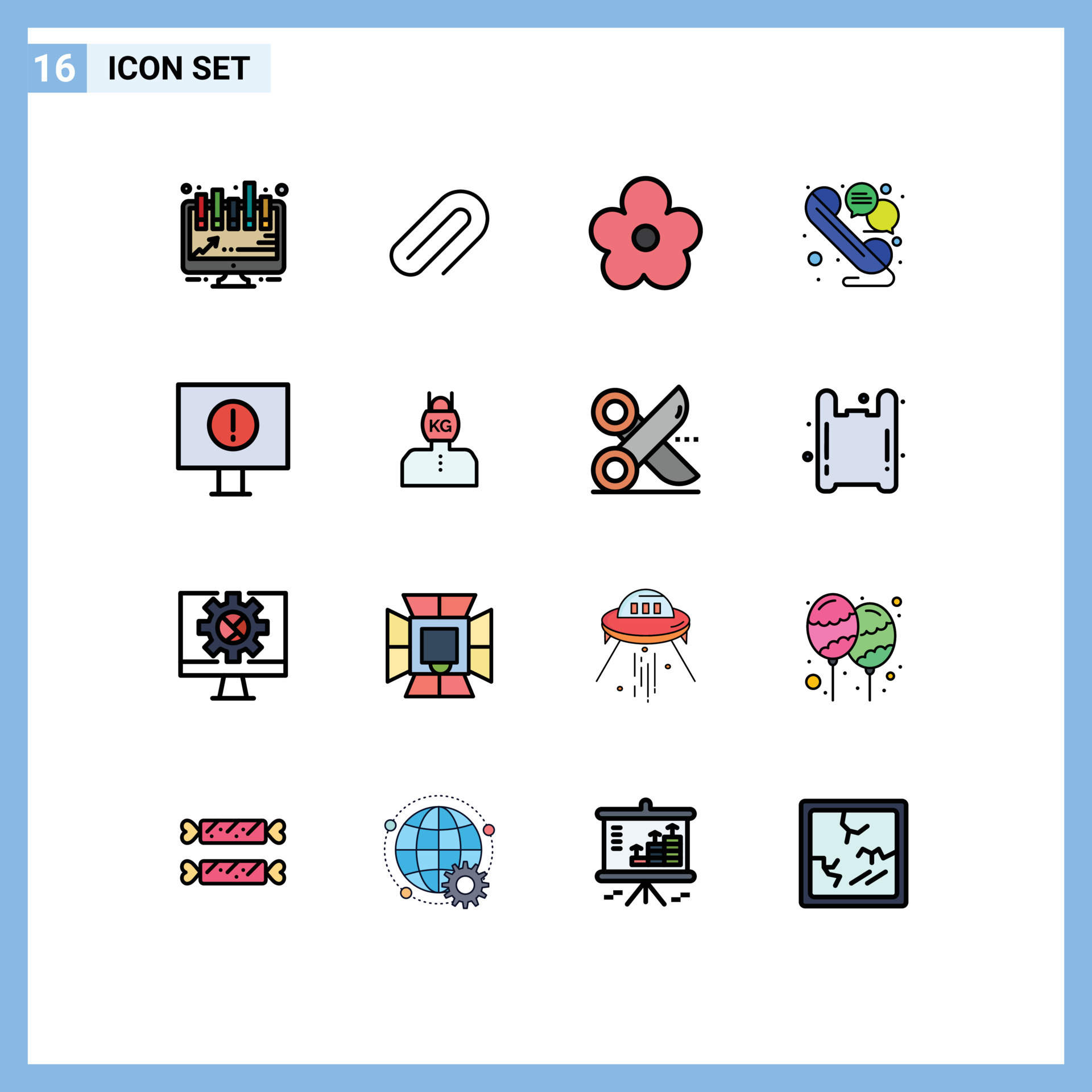 16 Thematic Vector Flat Color Filled Lines And Editable Symbols Of Warning Computer Nature