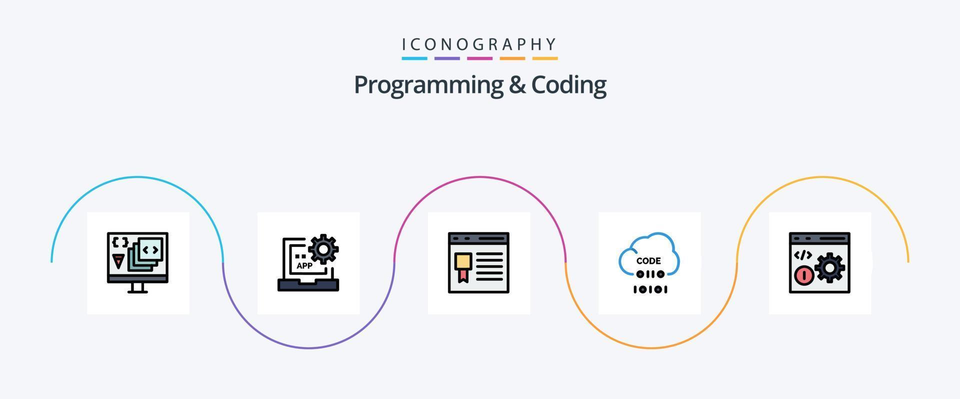 Programming And Coding Line Filled Flat 5 Icon Pack Including Develop