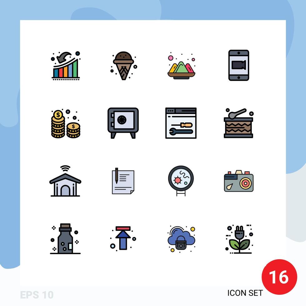 Pictogram Set Of 16 Simple Flat Color Filled Lines Of Stack Coins Color Camera Mobile Editable
