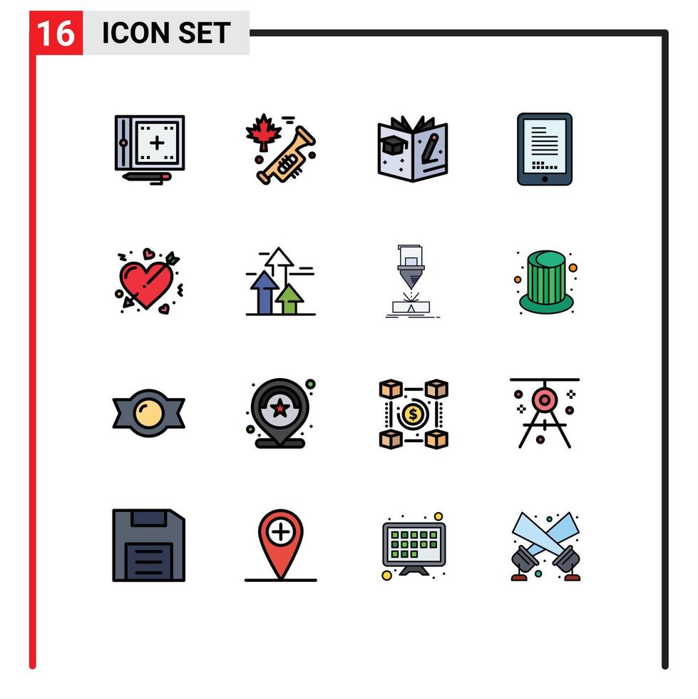 Mobile Interface Flat Color Filled Line Set of 16 Pictograms of heart arrow education cell ...